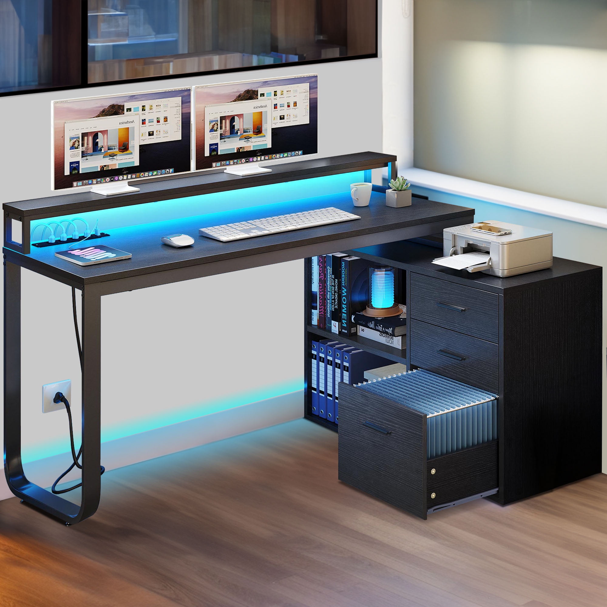 DWVO 55" L Shaped Desk with Power Outlets and Monitor Stand , Computer ...