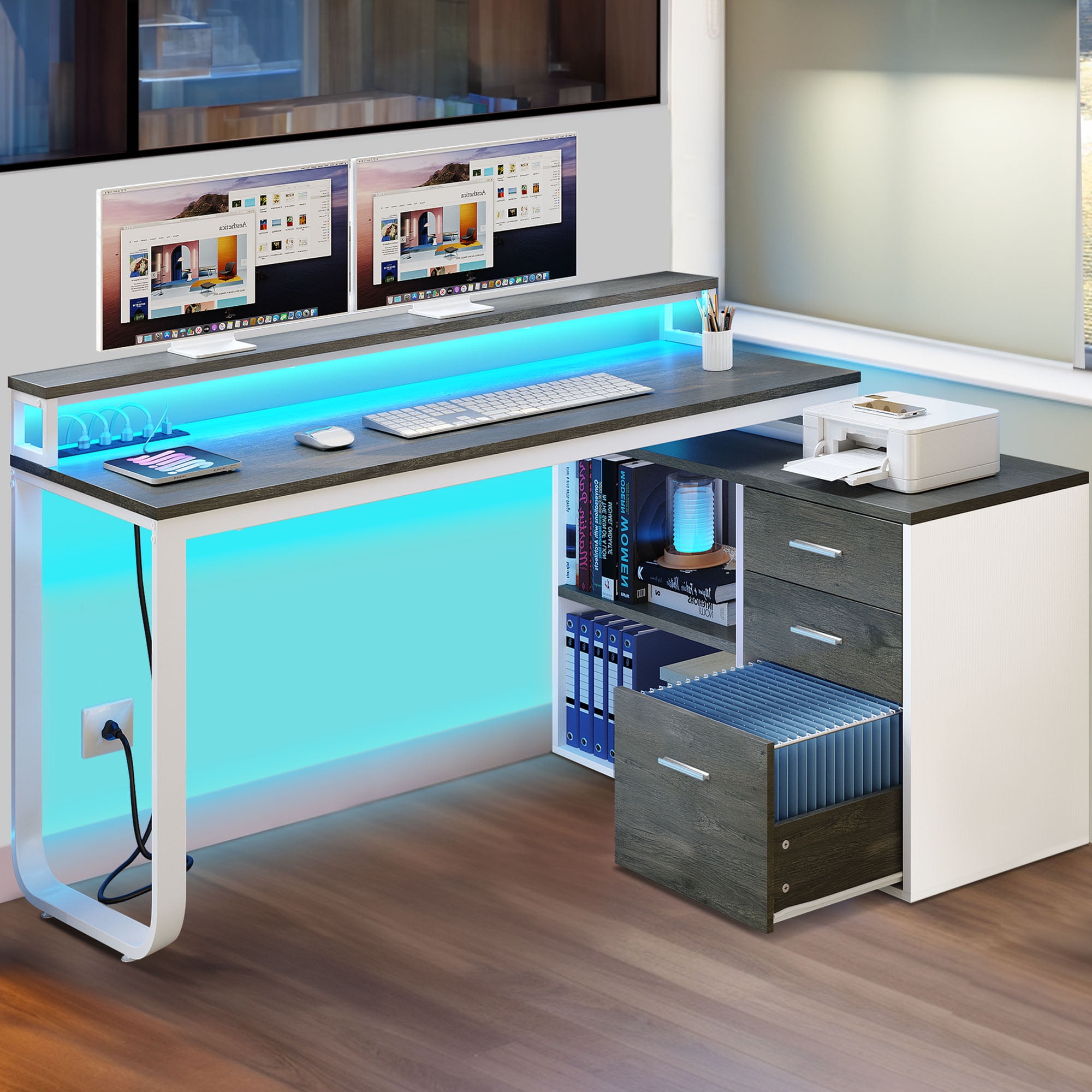 DWVO 55" L Shaped Desk with Power Outlets and Monitor Stand , Computer ...