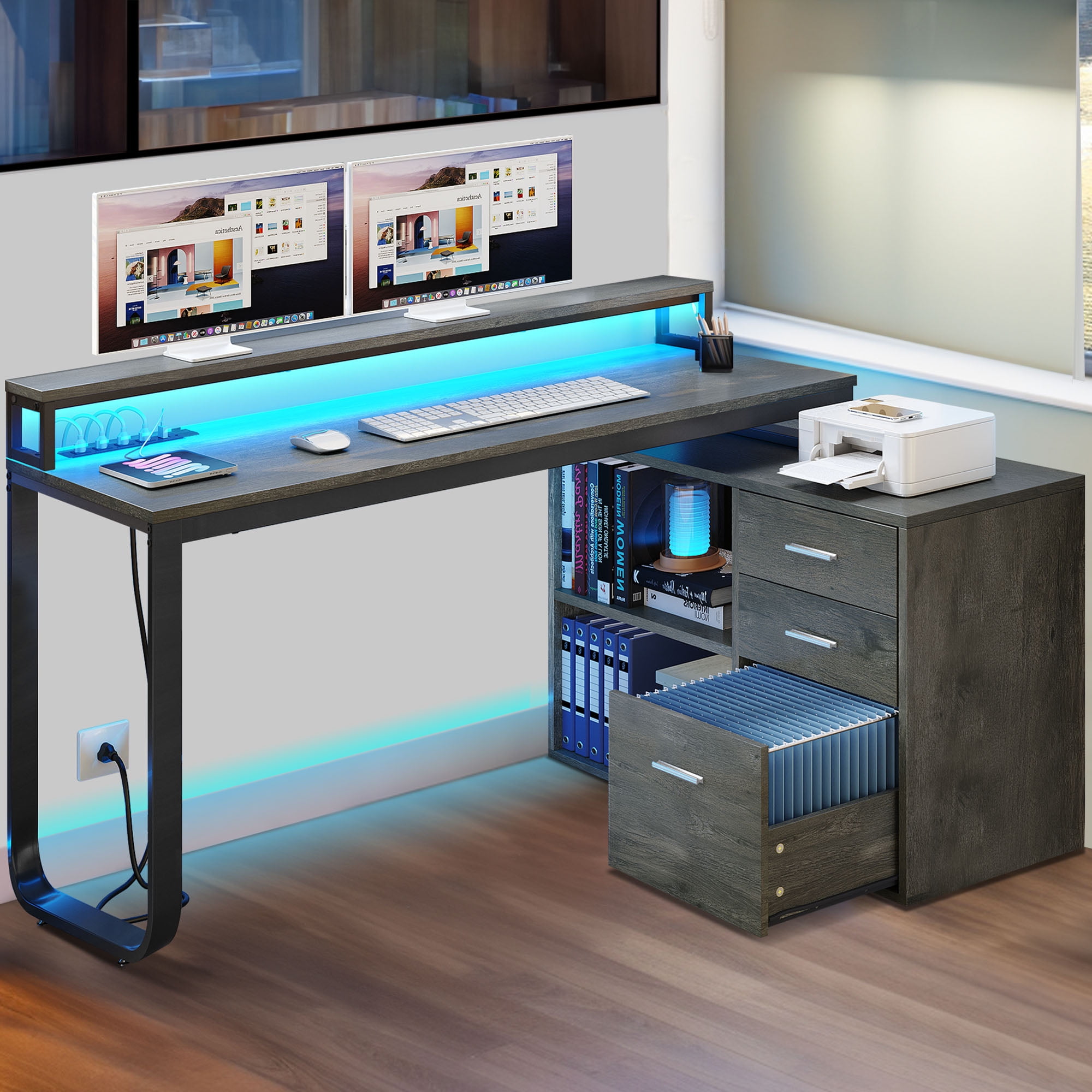 DWVO 55" L Shaped Desk with Power Outlets and Monitor Stand , Computer ...