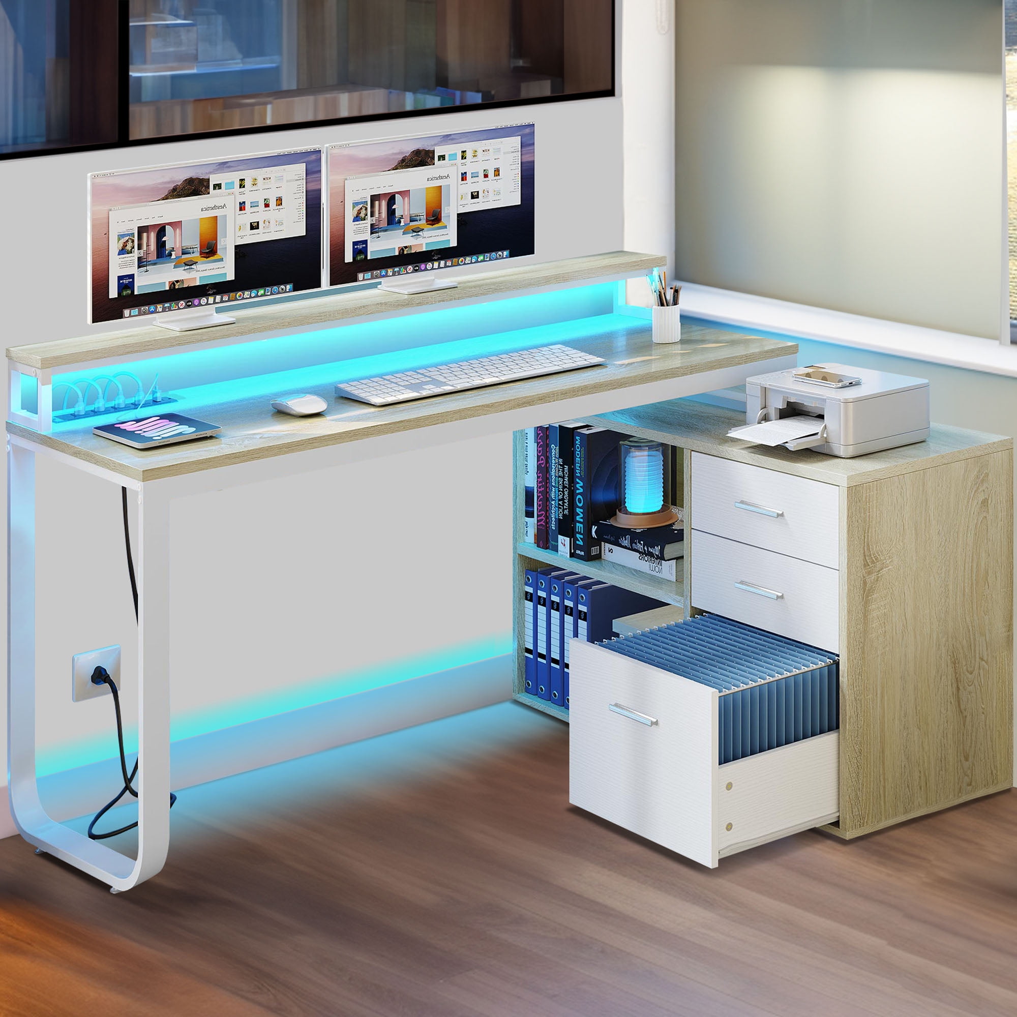 DWVO 55" L Shaped Desk with Power Outlets and Monitor Stand , Computer ...