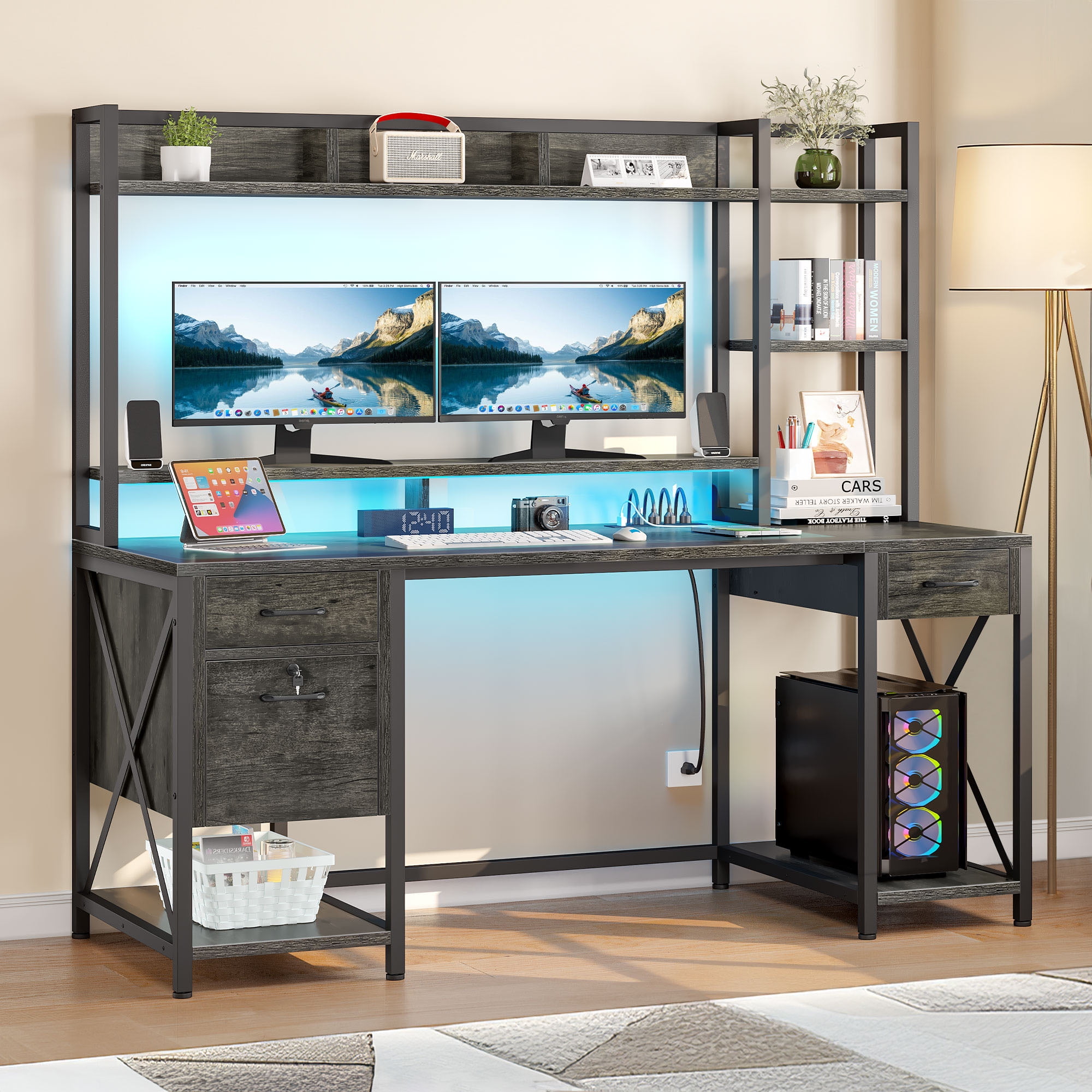 DWVO 59.1"Computer Desk with Power Outlets & Hutch, Office Desk with ...