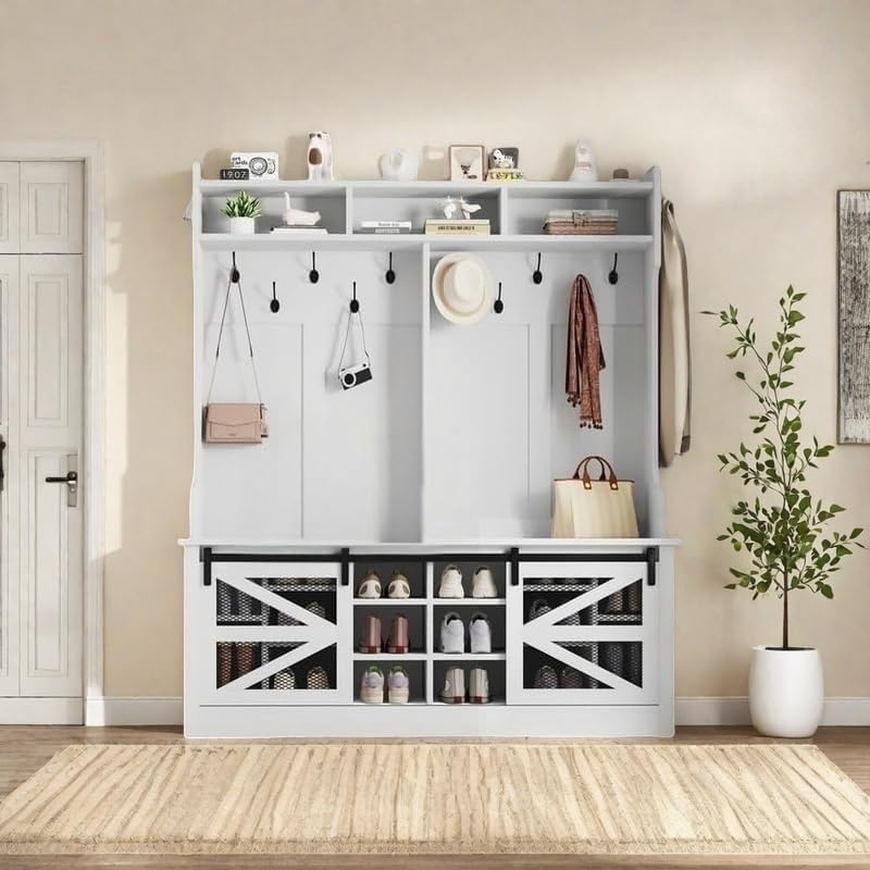 DWVO 59" Wide Hall Tree with 16 Shoe Cubbies & 12 Coat Hooks, Entryway ...