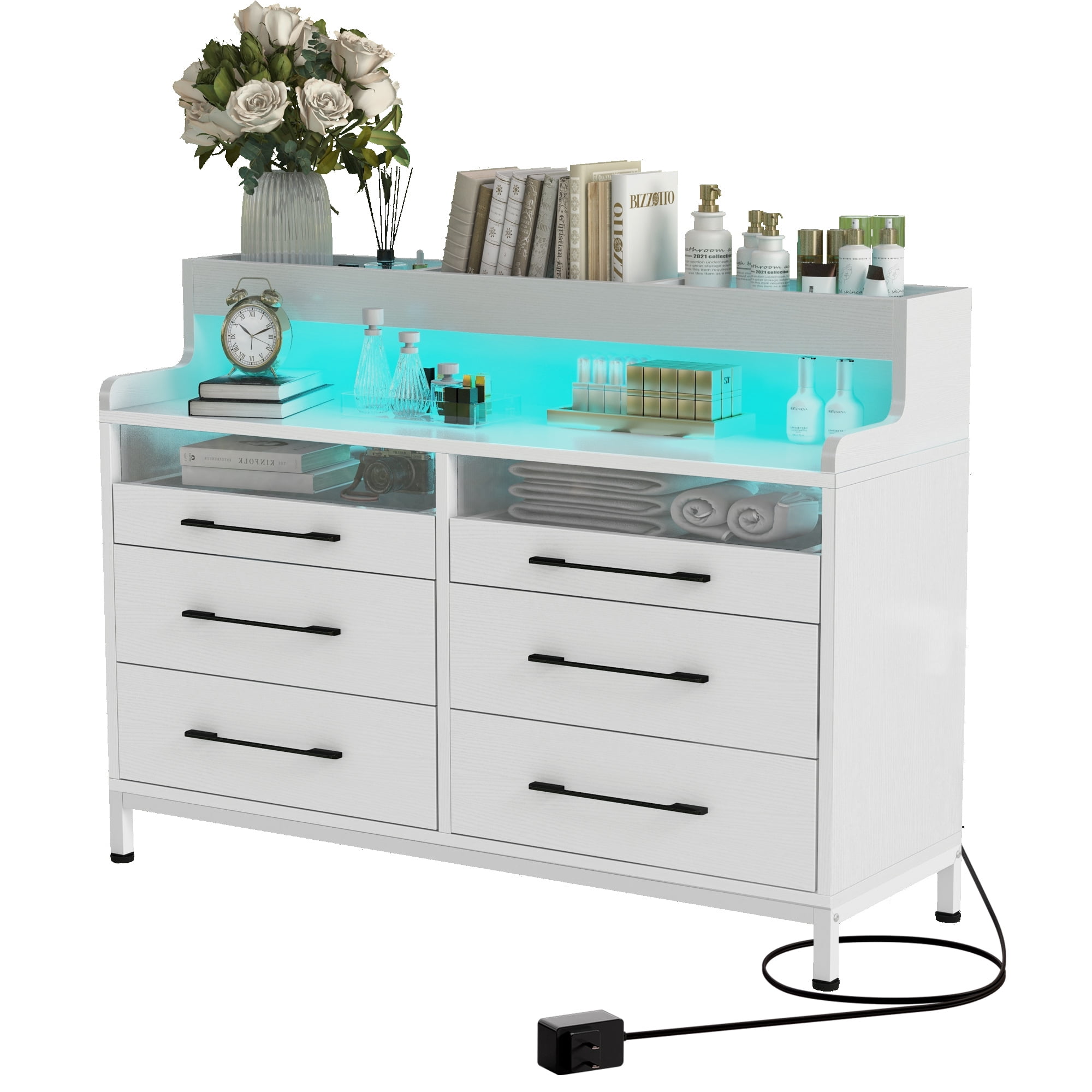 DWVO 6 Drawer Dresser for Bedroom, Modern Chest of Drawers with LED ...