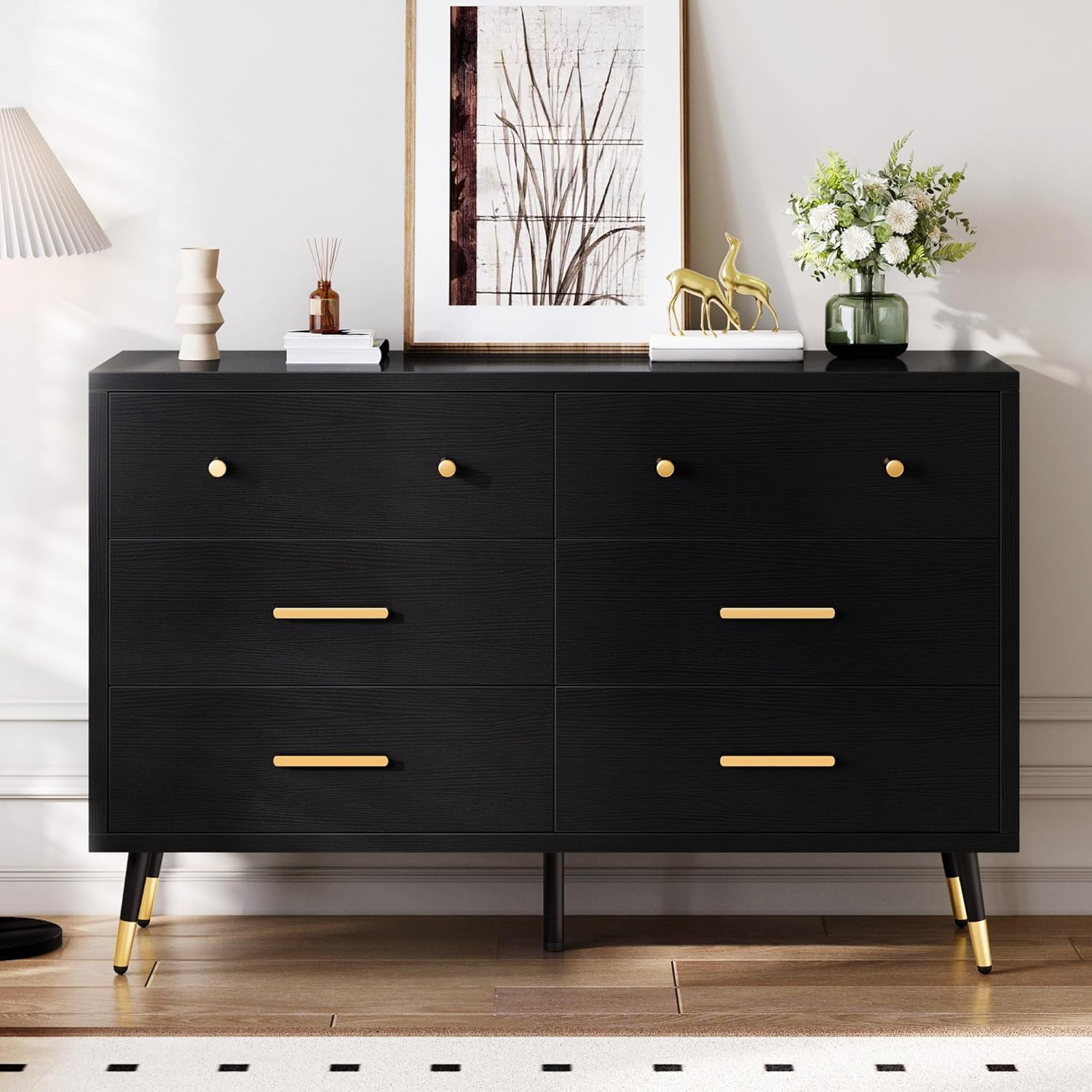 DWVO 6 Drawer Dresser, Black Wooden Drawers Storage Dresser with Golden ...