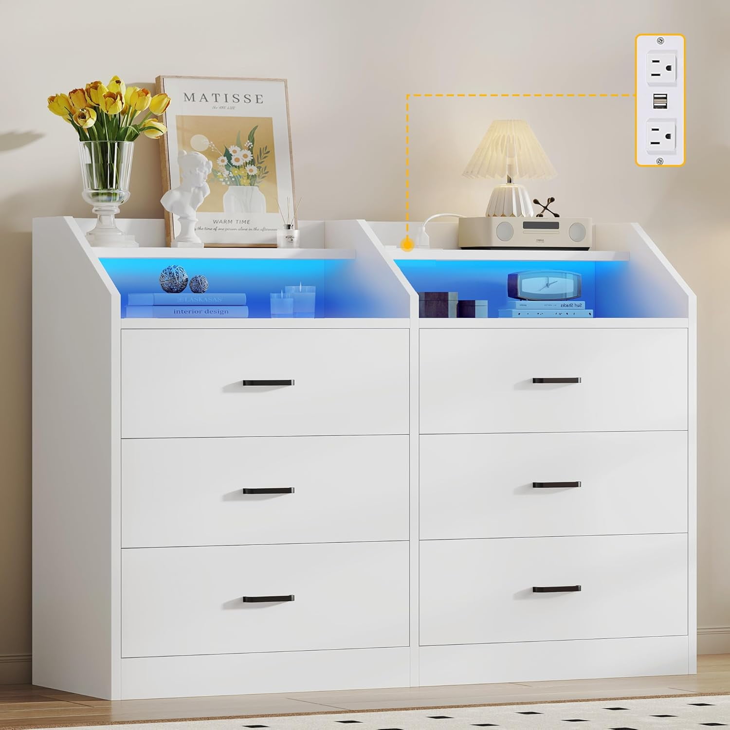 DWVO 6 Drawer Dresser with LED Light and Charging Station, Modern Chest ...