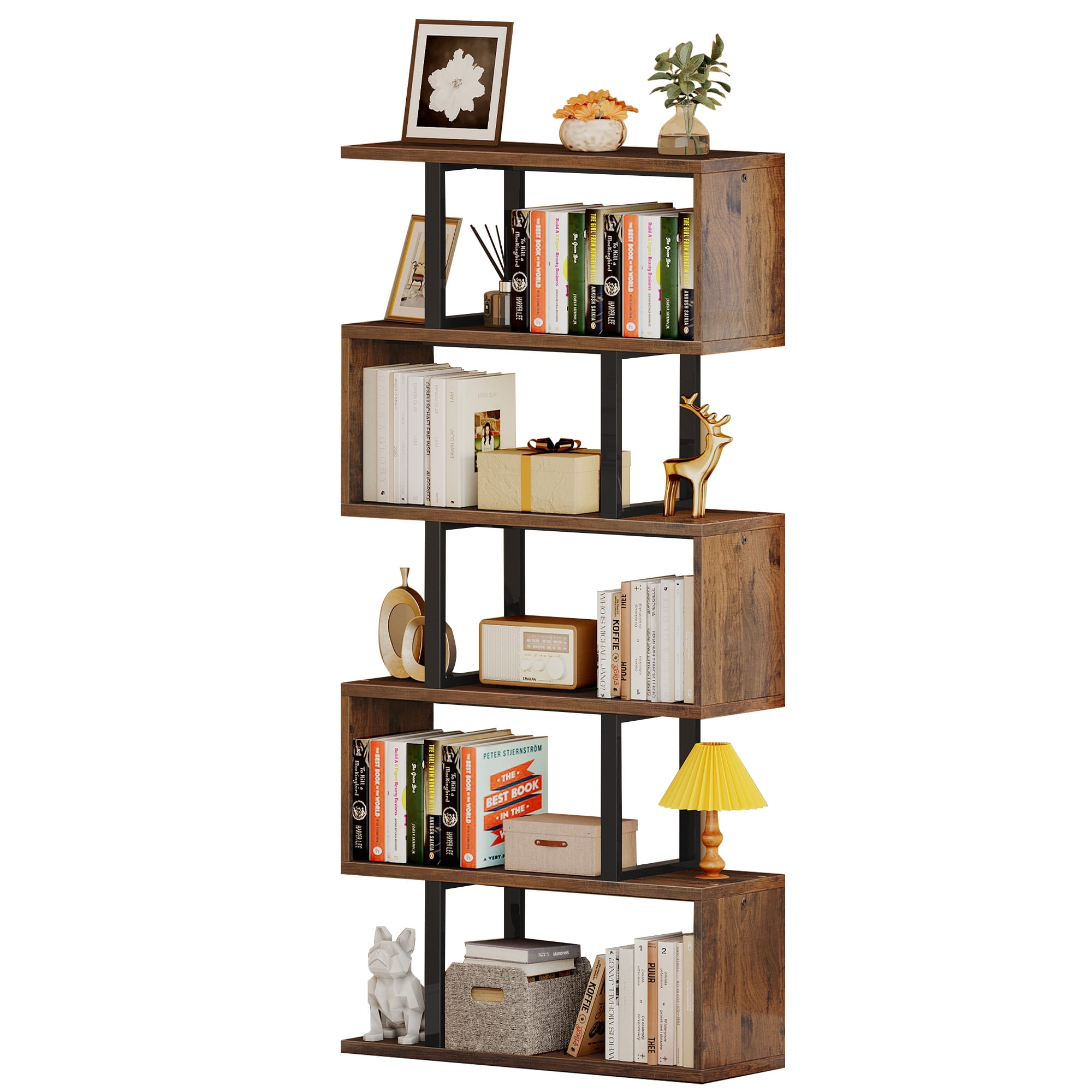 DWVO 6-Tier S-Shaped Bookshelf , Geometric Tall Bookcase Wooden, Open ...