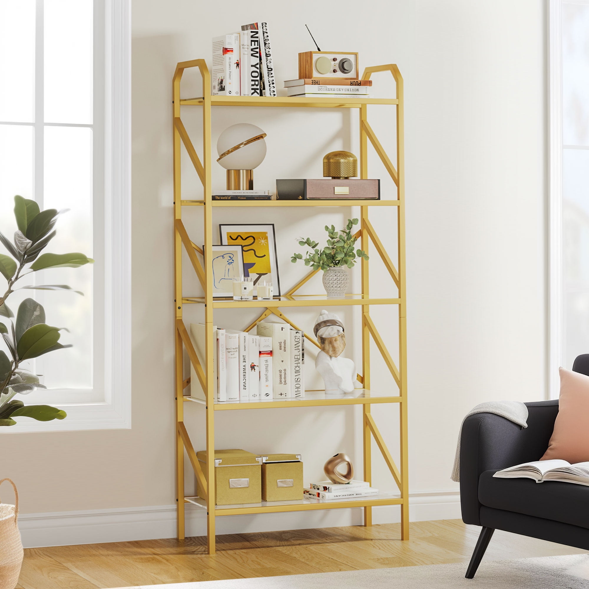 DWVO 62.2" Gold Bookshelf, Modern Gold Bookcase with 5 Tier Glass ...
