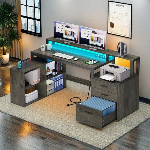 DWVO 65" L Shaped Desk with Power Outlets and Monitor Stand , Computer ...