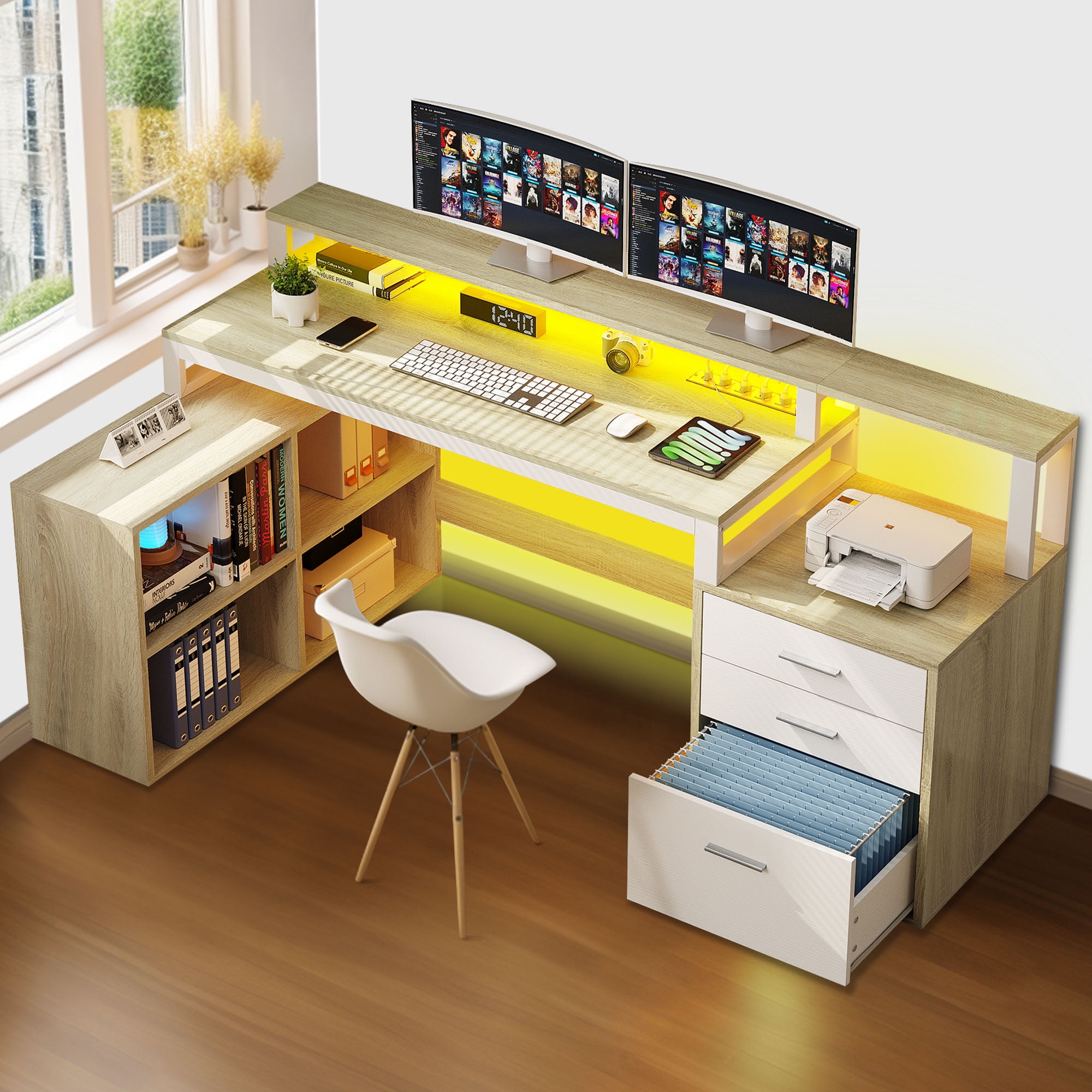 DWVO 65" L Shaped Desk with Power Outlets and Monitor Stand , Computer ...