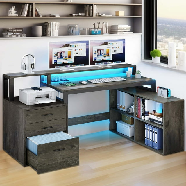 DWVO 65" L Shaped Desk with Power Outlets and Monitor Stand , Computer ...
