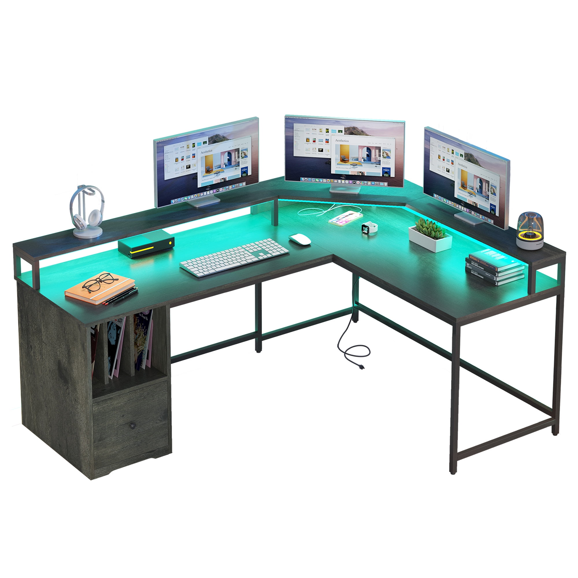 DWVO 67 Inch L Shaped Desk with LED Light and Power Outlets, Computer ...