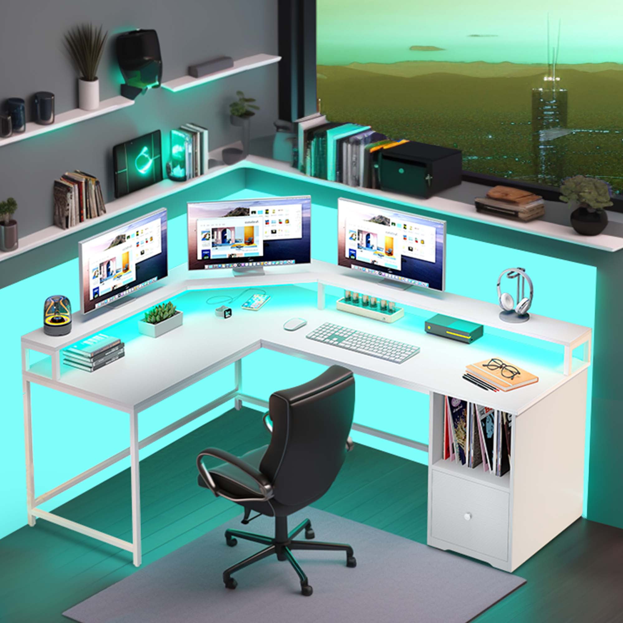 DWVO 67 Inch L Shaped Desk with LED Light and Power Outlets, Computer ...
