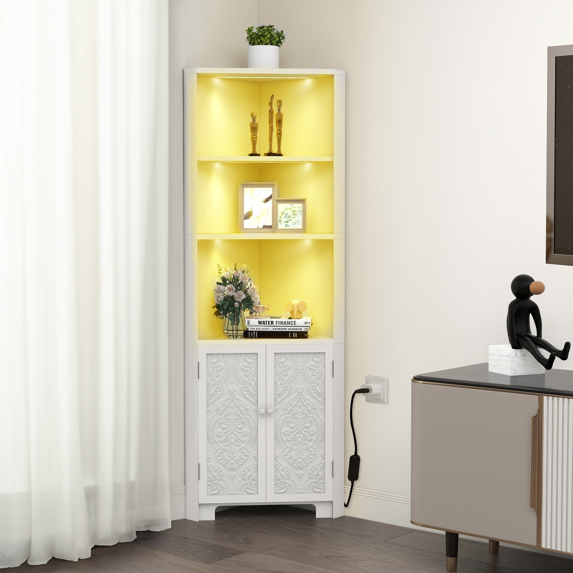 DWVO 67" Modern Tall Corner Cabinet with LED Lights, Free Standing ...