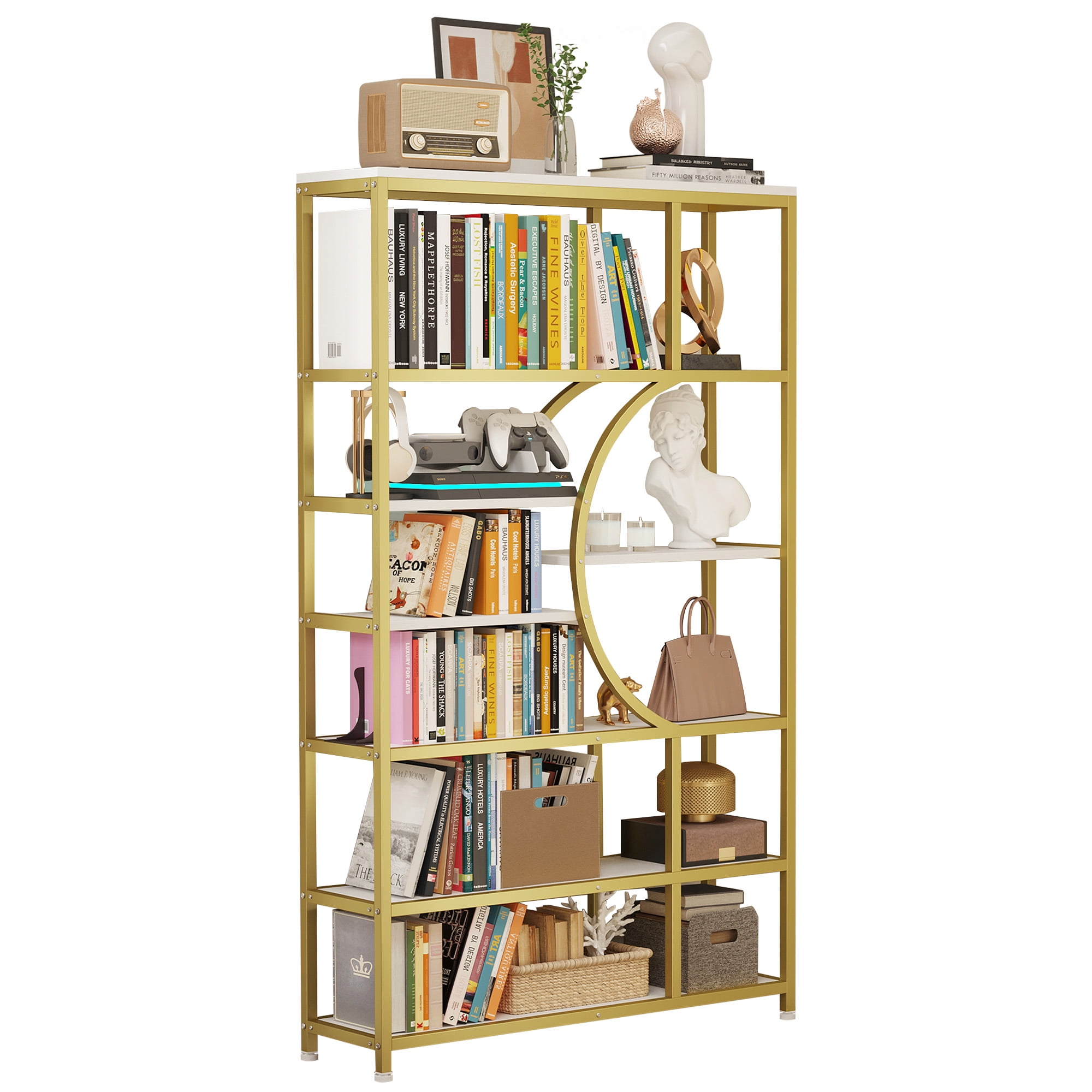 DWVO 7-Tier Gold Bookshelf, 71" Tall Etagere Bookcase with Metal Frame ...