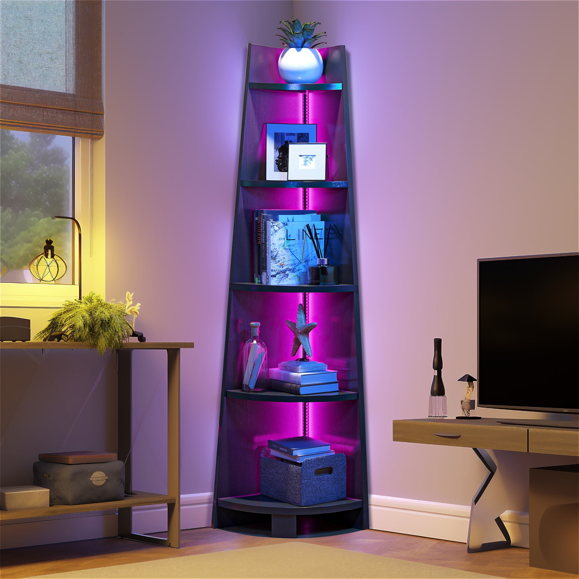 DWVO 70.9"Corner Shelf with Led Light, 5 Tier Corner Bookcase ...