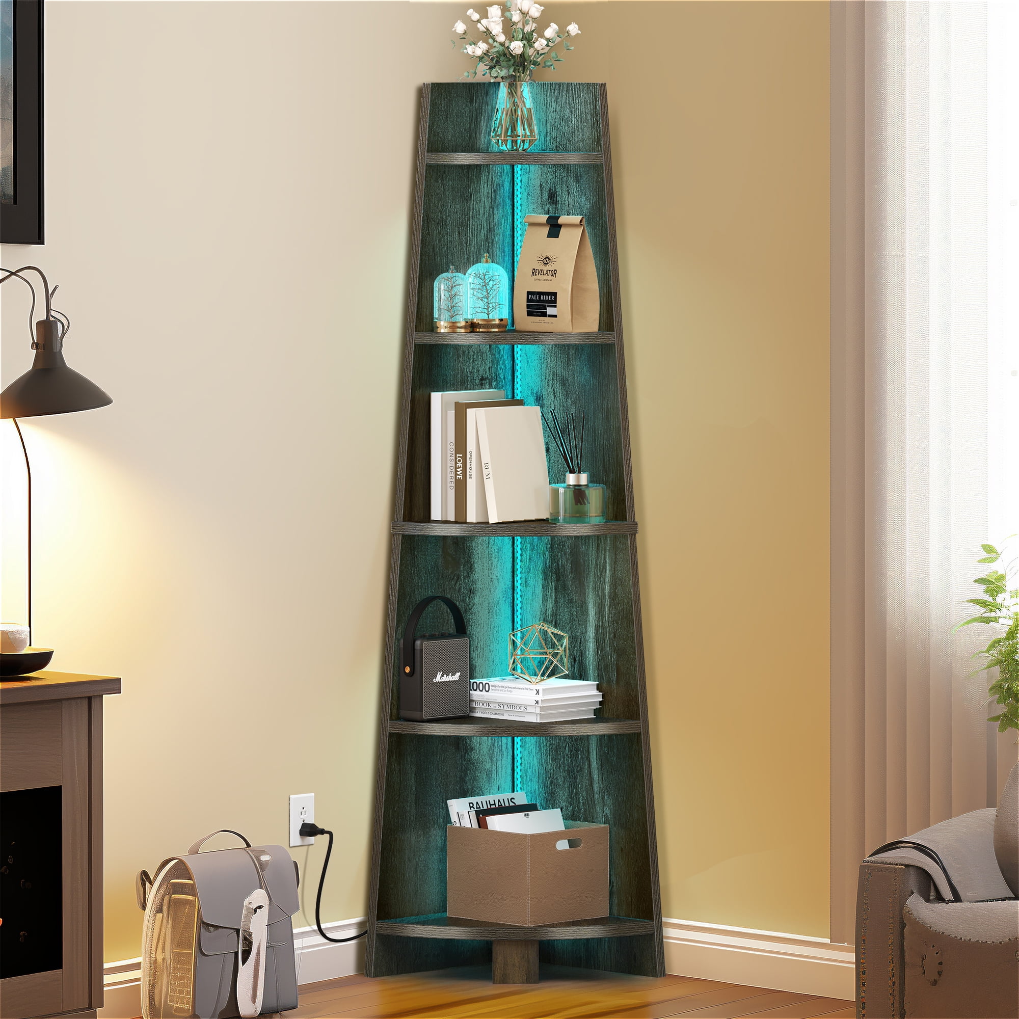 DWVO 70.9"Corner Shelf with Led Light, 5 Tier Corner Bookcase ...