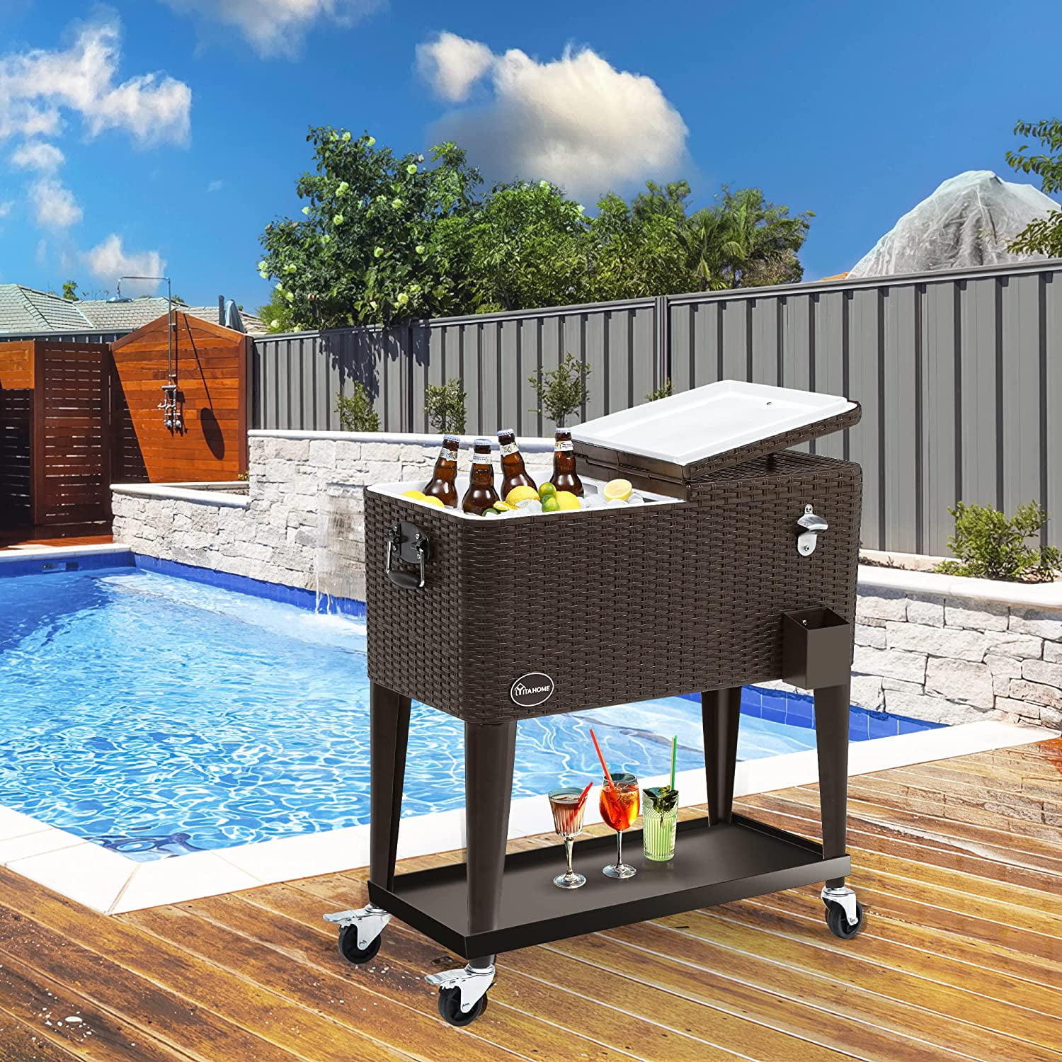 DWVO 80 Quart Rattan Rolling Cooler Cart with Bottle Opener Drainage ...
