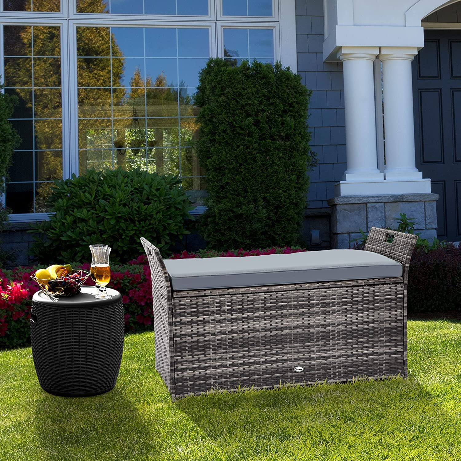 DWVO 90 Gallon Wicker Storage Bench, PE Rattan Deck Box with Cushion ...