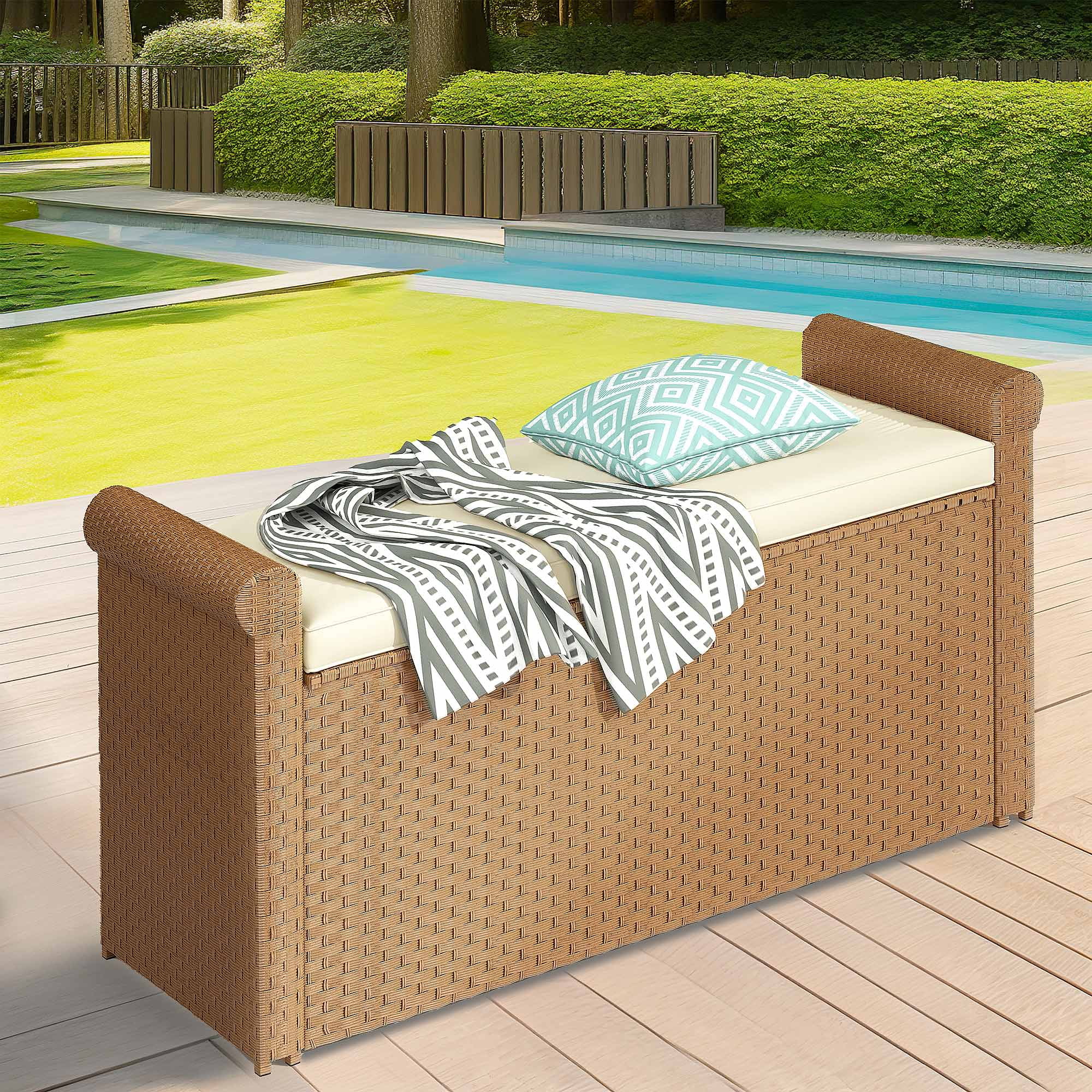 DWVO 90 Gallon Patio Wicker Storage Bench with Handles & Cushion ...