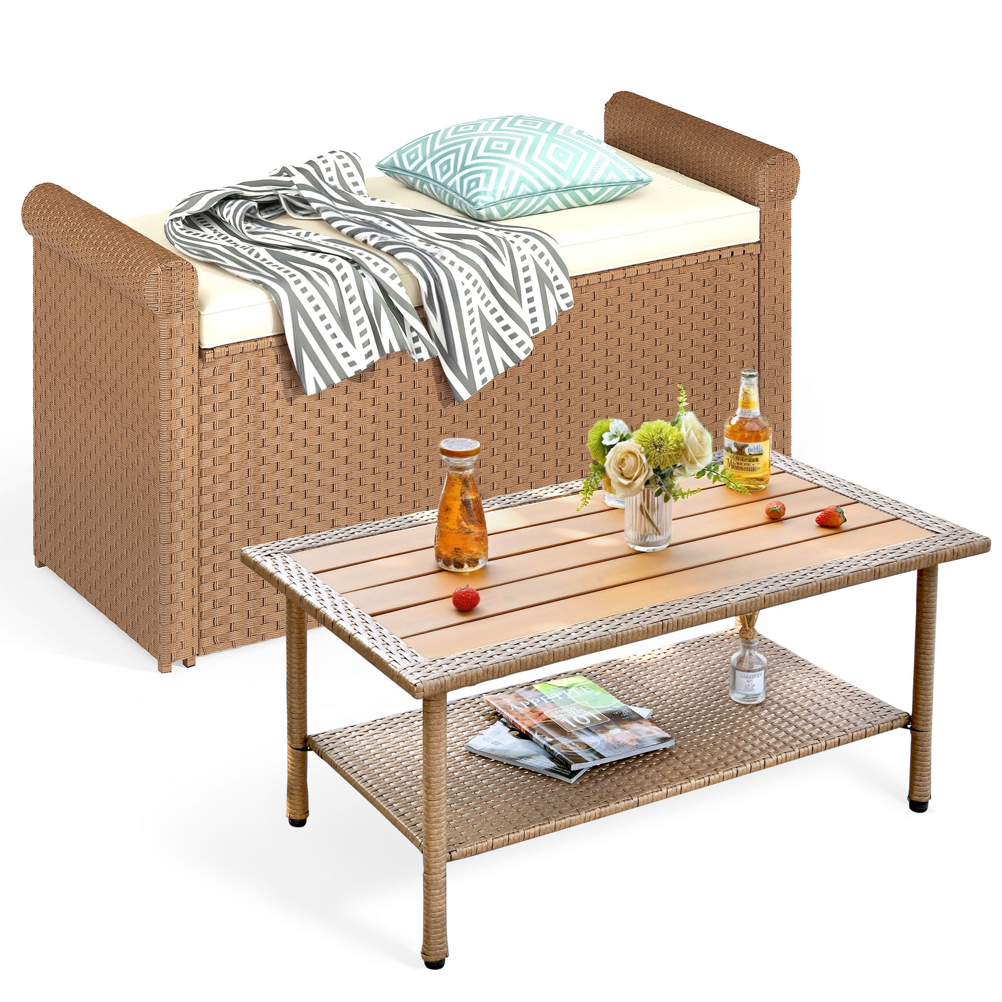 DWVO 90 Gallon Wicker Deck Wicker Storage Box w/ Beige Cushion Rattan ...