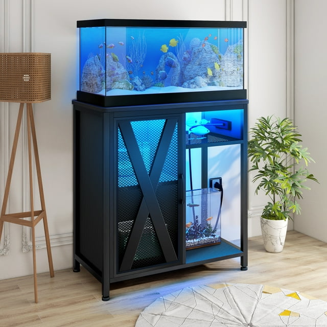 DWVO Aquarium Stand with Power Outlets, LED Light and Cabinet for 20-29 ...