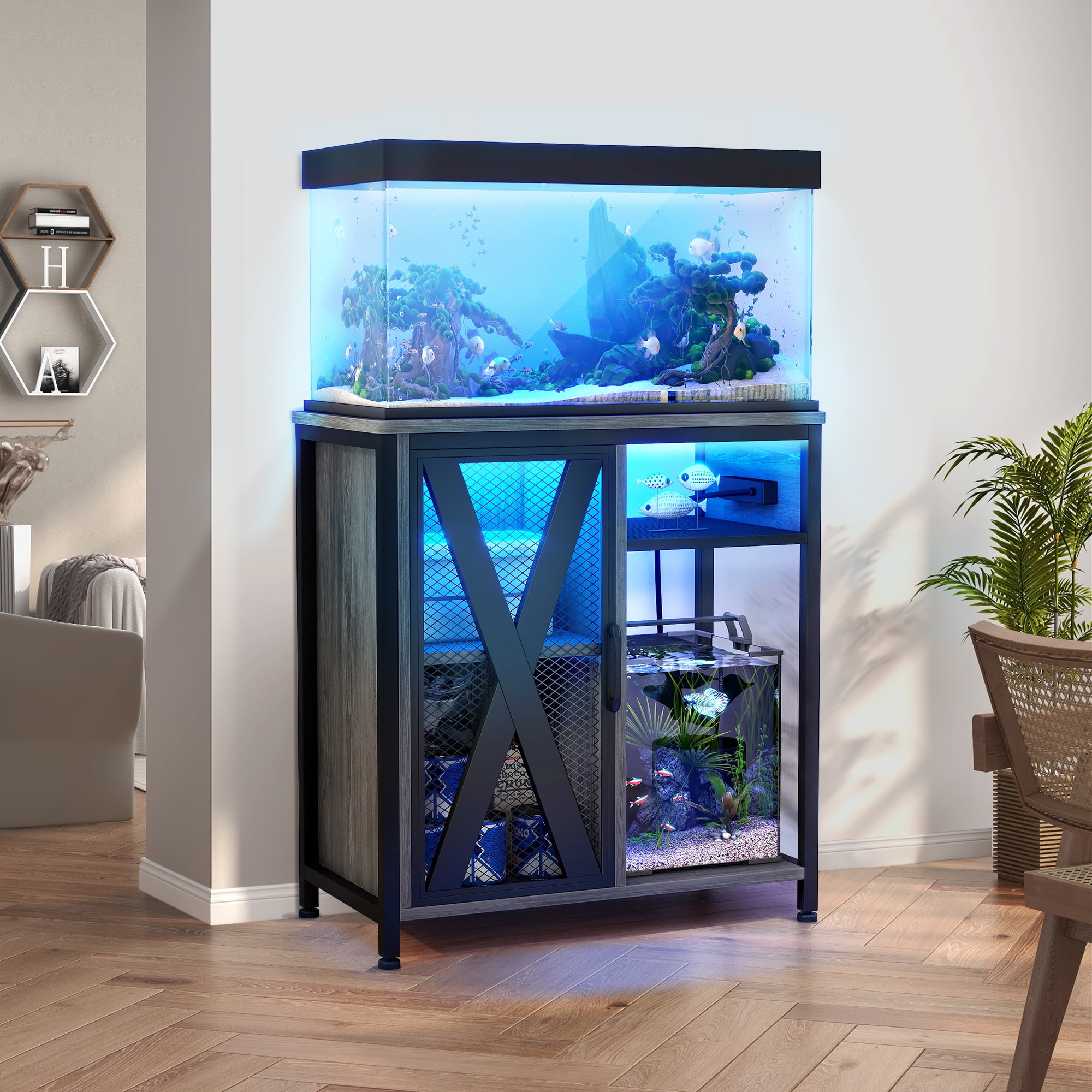 DWVO Aquarium Stand with Power Outlets, LED Light and Cabinet for 20-29 ...