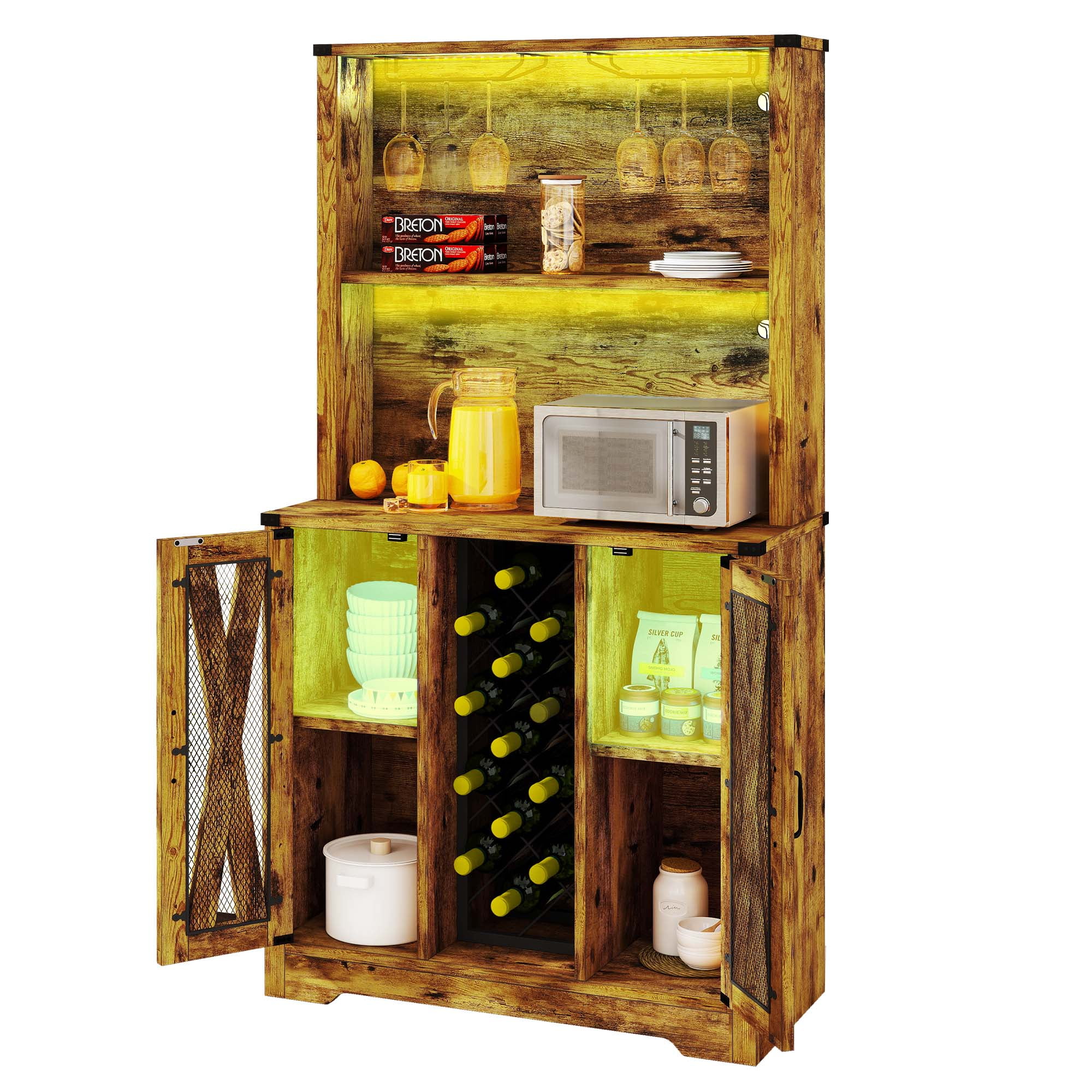 DWVO Bar Cabinet with LED Light &Door, Farmhouse Storage Cabinet with ...