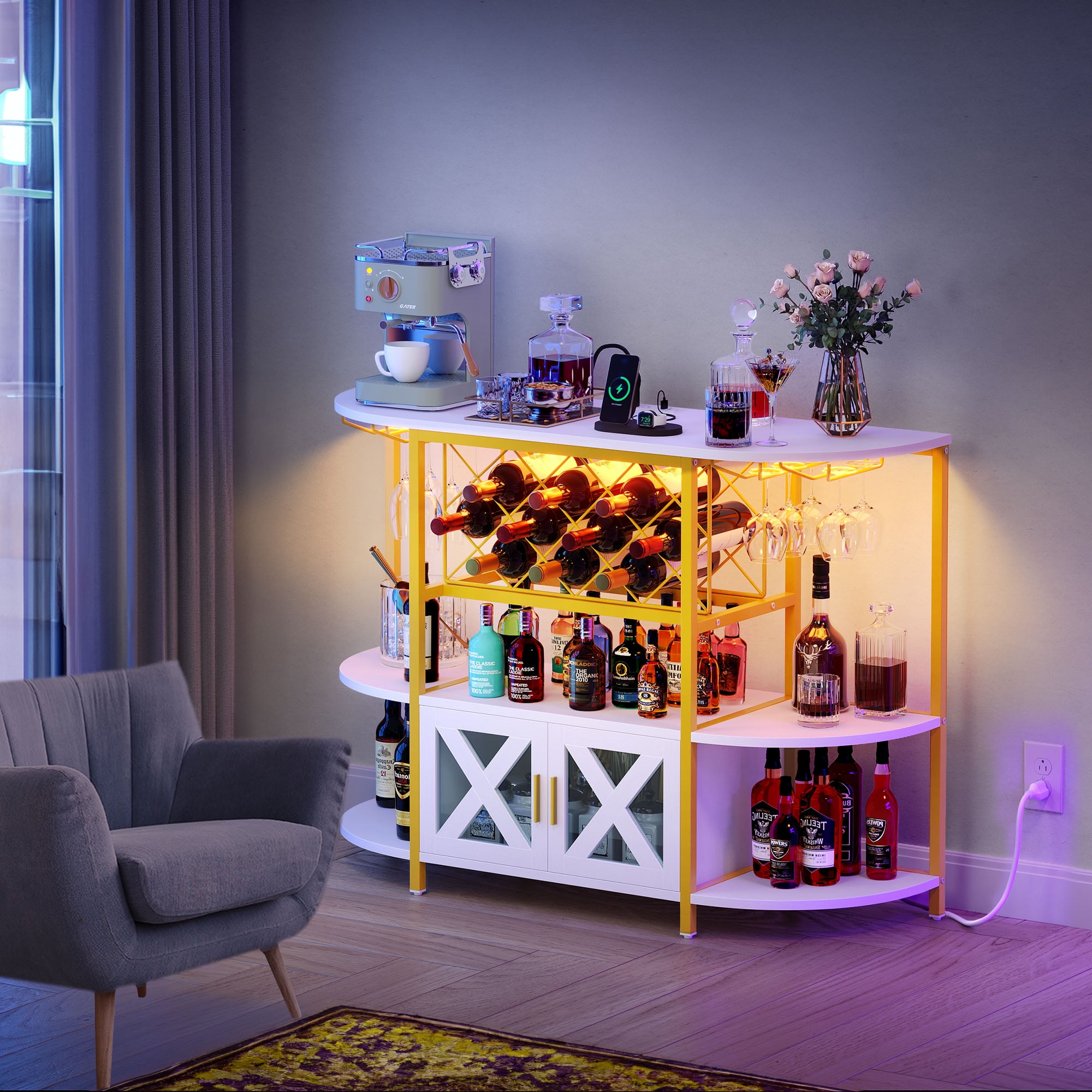DWVO Bar Wine Cabinet with LED Lights and Power Outlets, 4-Tier Wine ...