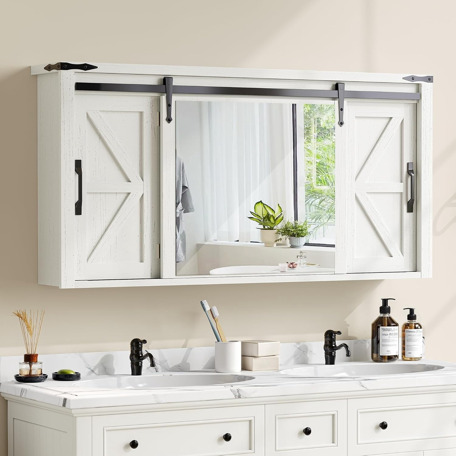 DWVO Bathroom Cabinet with Mirror, Large Wall Cabinet w/Rustic Sliding ...
