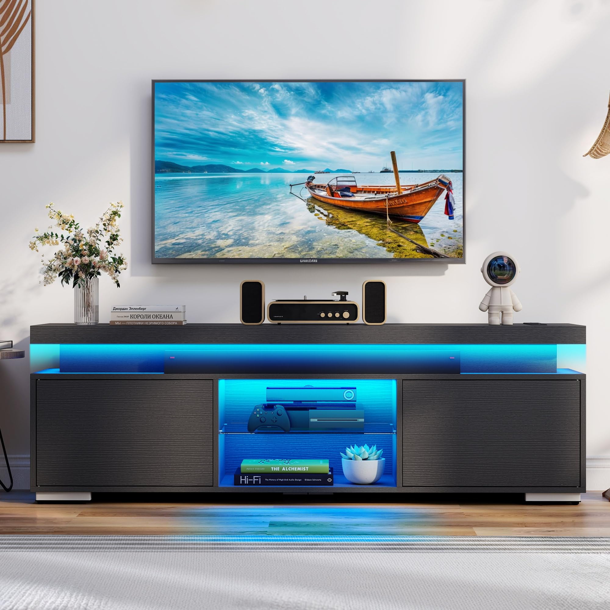 DWVO Black TV Stand with LED Lights and Power Outlets, Modern TV ...