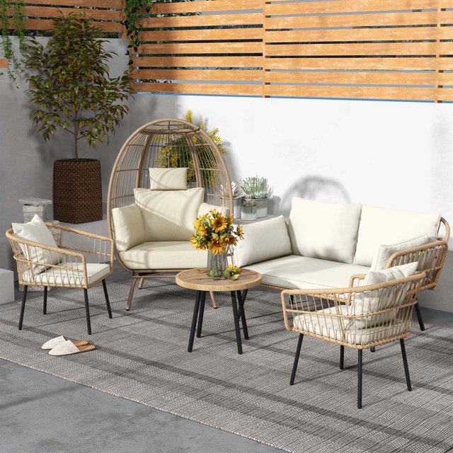 DWVO Boho Outdoor Bistro Set - Wicker Loveseat, Egg Chair with Cushions ...