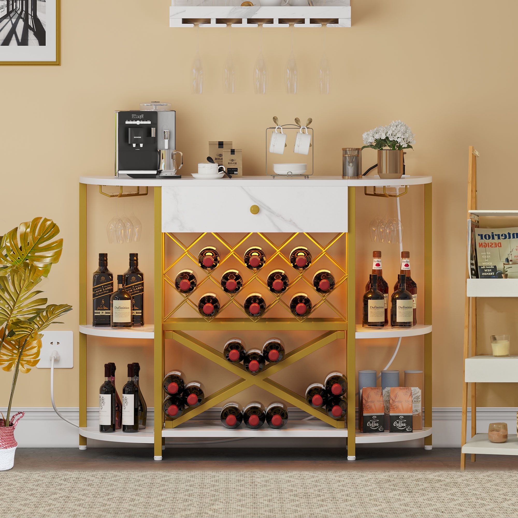 DWVO Coffee Bar Wine Cabinet with LED Lights and Power Outlets, 3-Tier ...