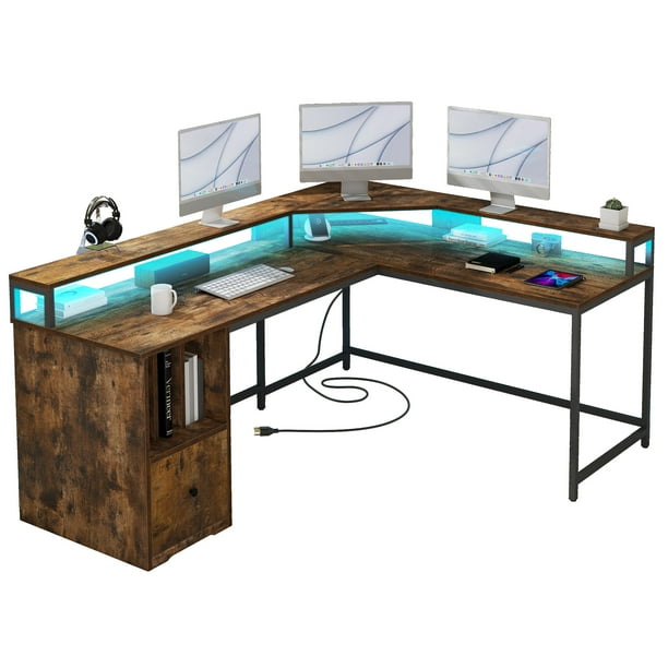 DWVO Computer Desk with Power Outlets & LED Lights, 67 Inch L Shaped ...