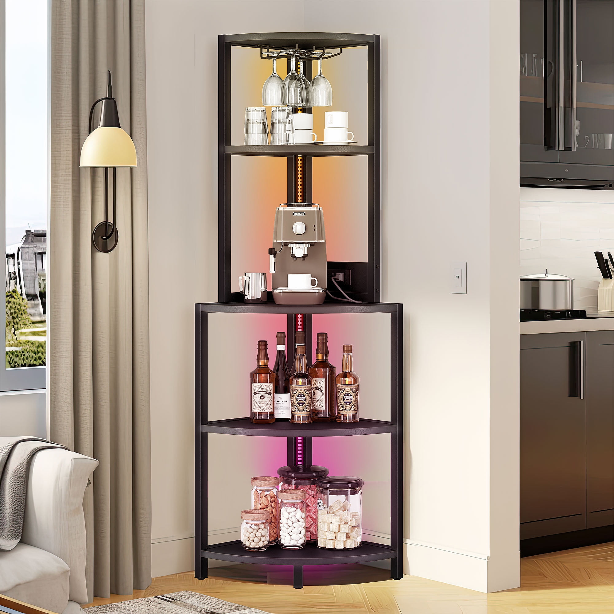 DWVO Corner Bookshelf with LED Lights & Power Outlets, Black - Walmart.com