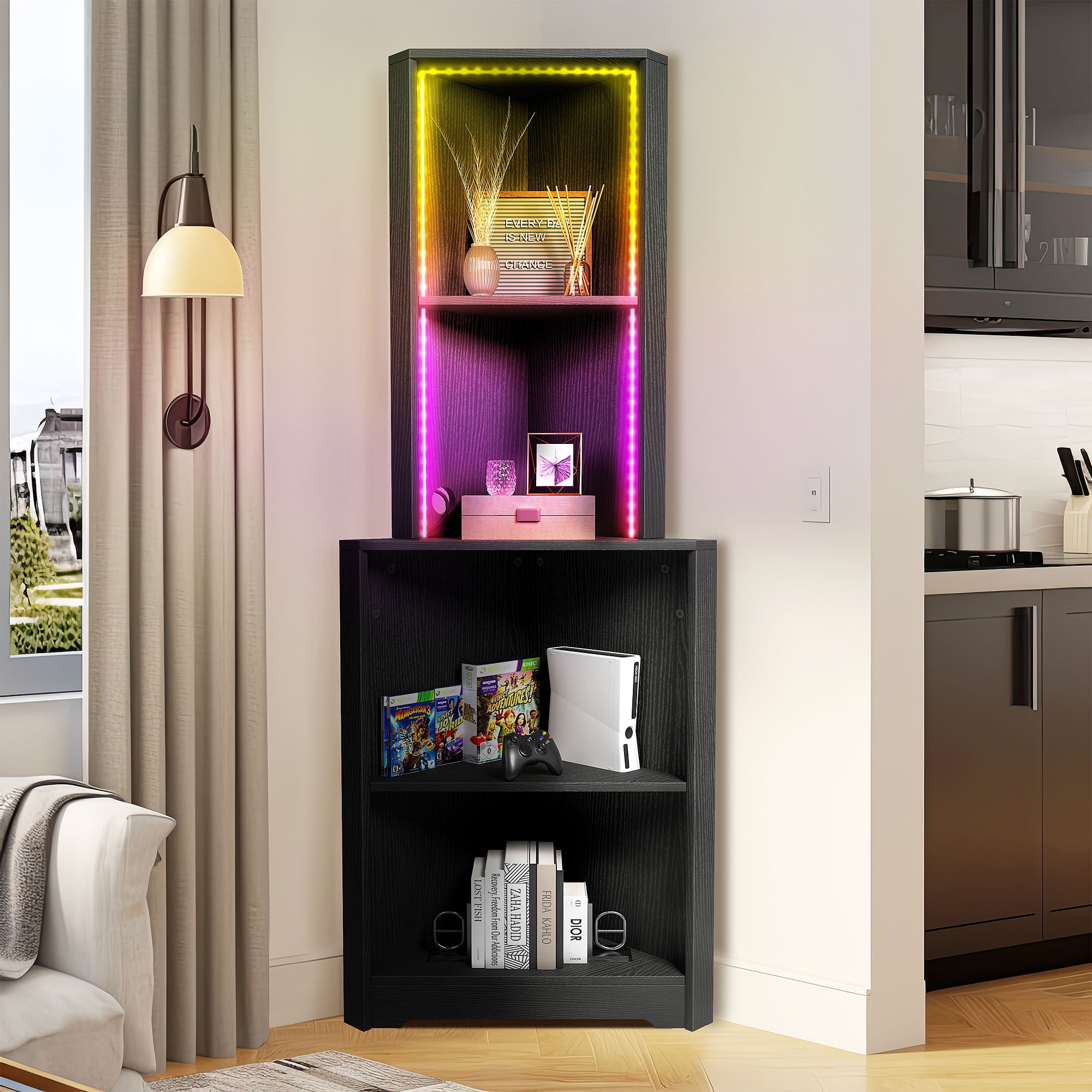 DWVO Corner Shelf Stand, 5 Tier Wooden Shelves with LED Light, Black ...
