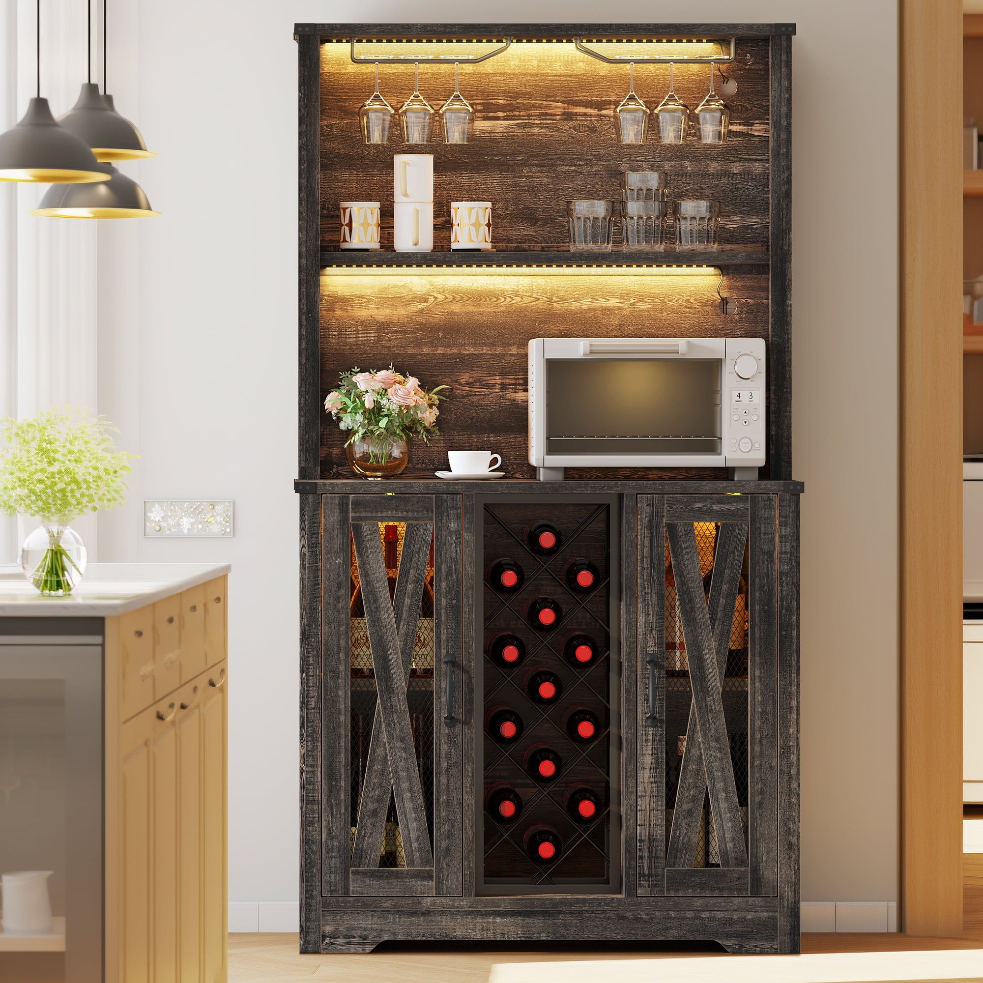 DWVO Dextrus Bar Cabinet with LED Light &Door, Farmhouse Storage ...
