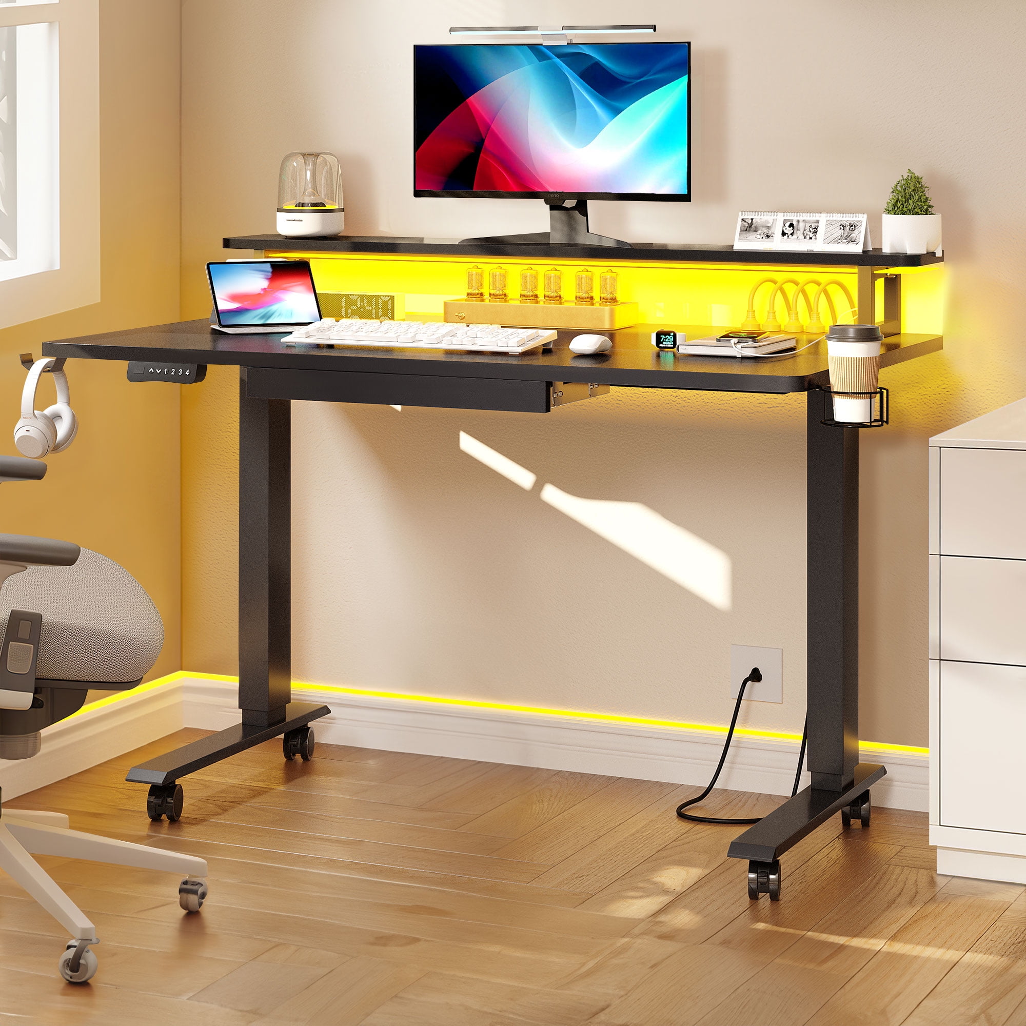DWVO Electric Height Adjustable Standing Desk with LED Light & Power ...