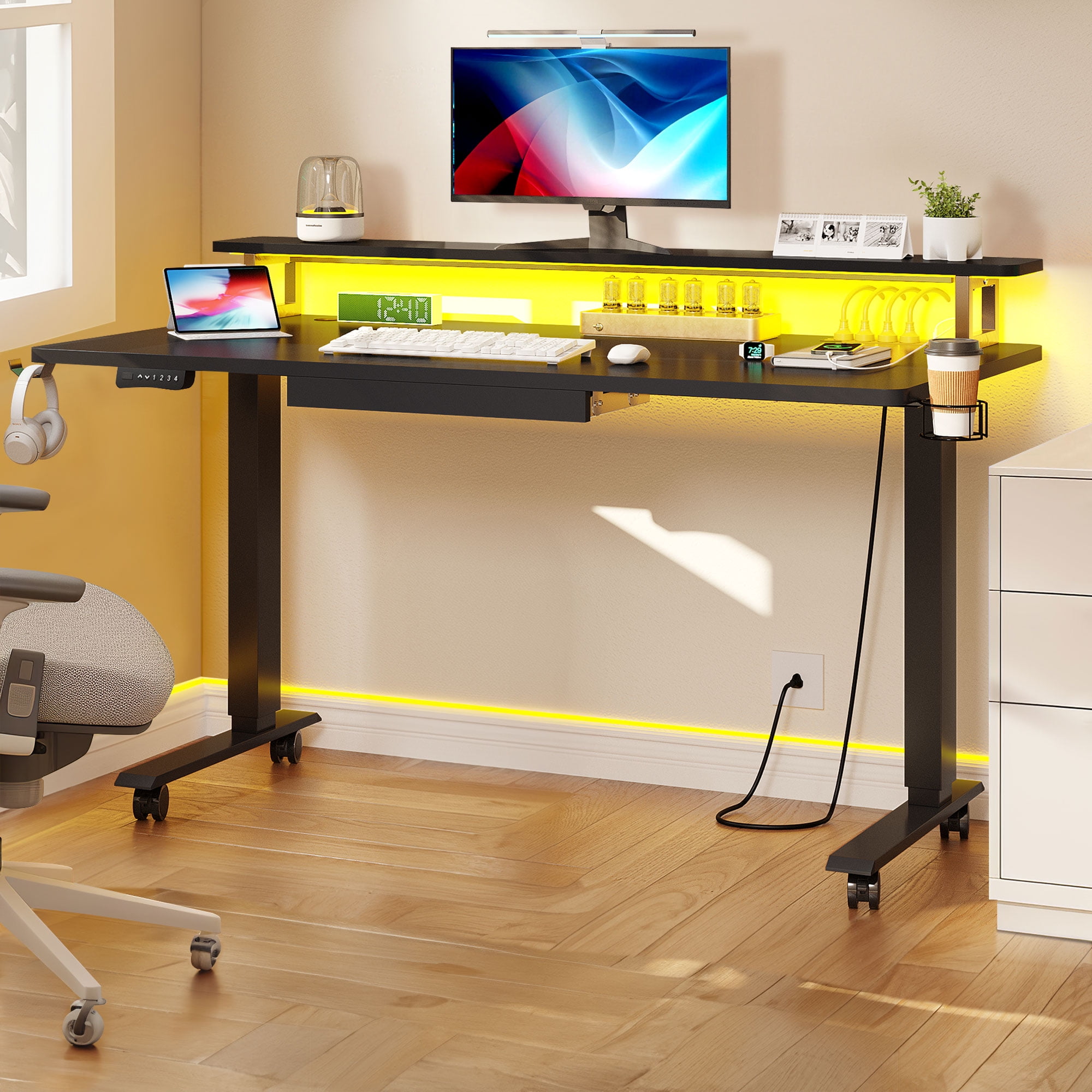 DWVO Electric Height Adjustable Standing Desk with LED Light & Power ...