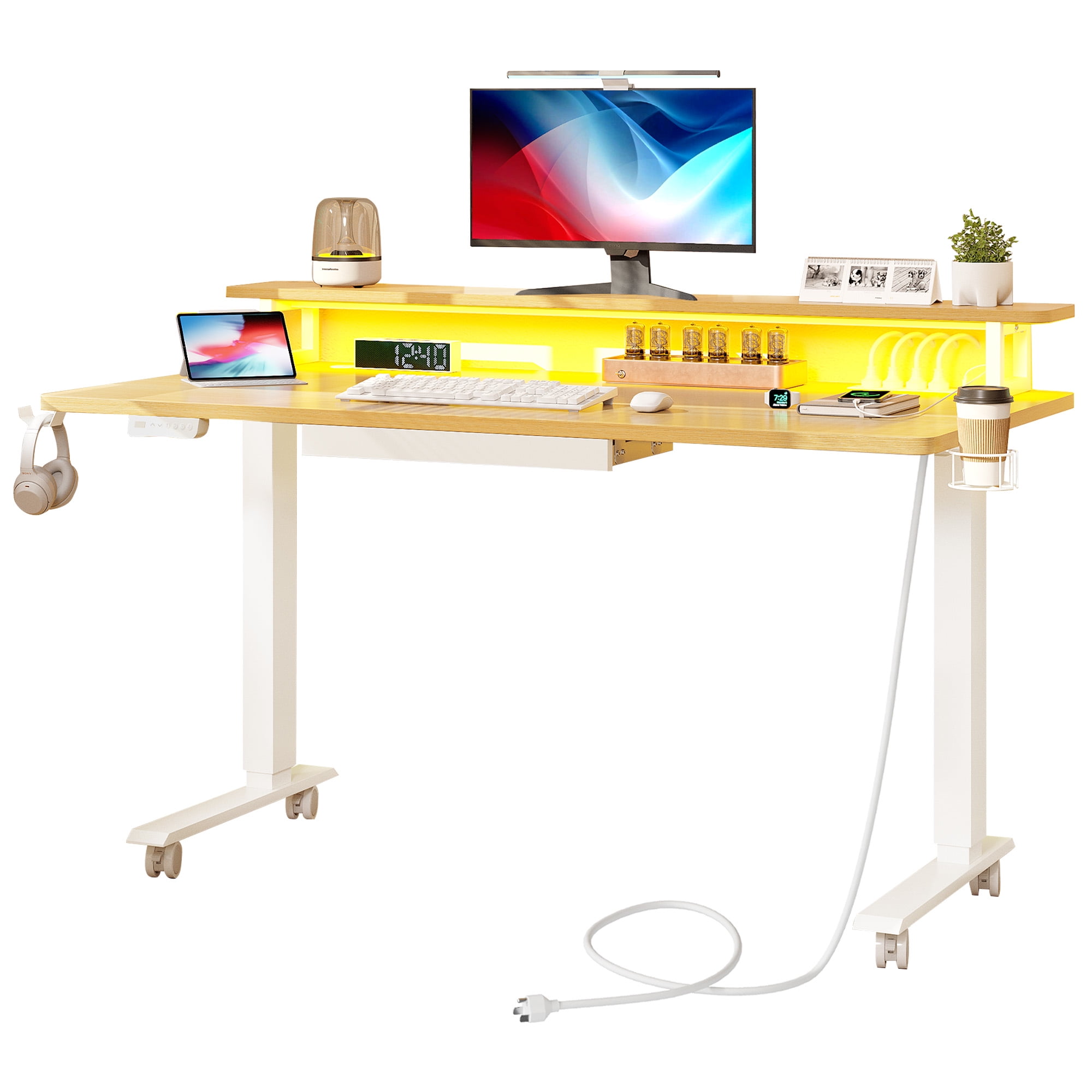 DWVO Electric Height Adjustable Standing Desk with LED Light & Power ...