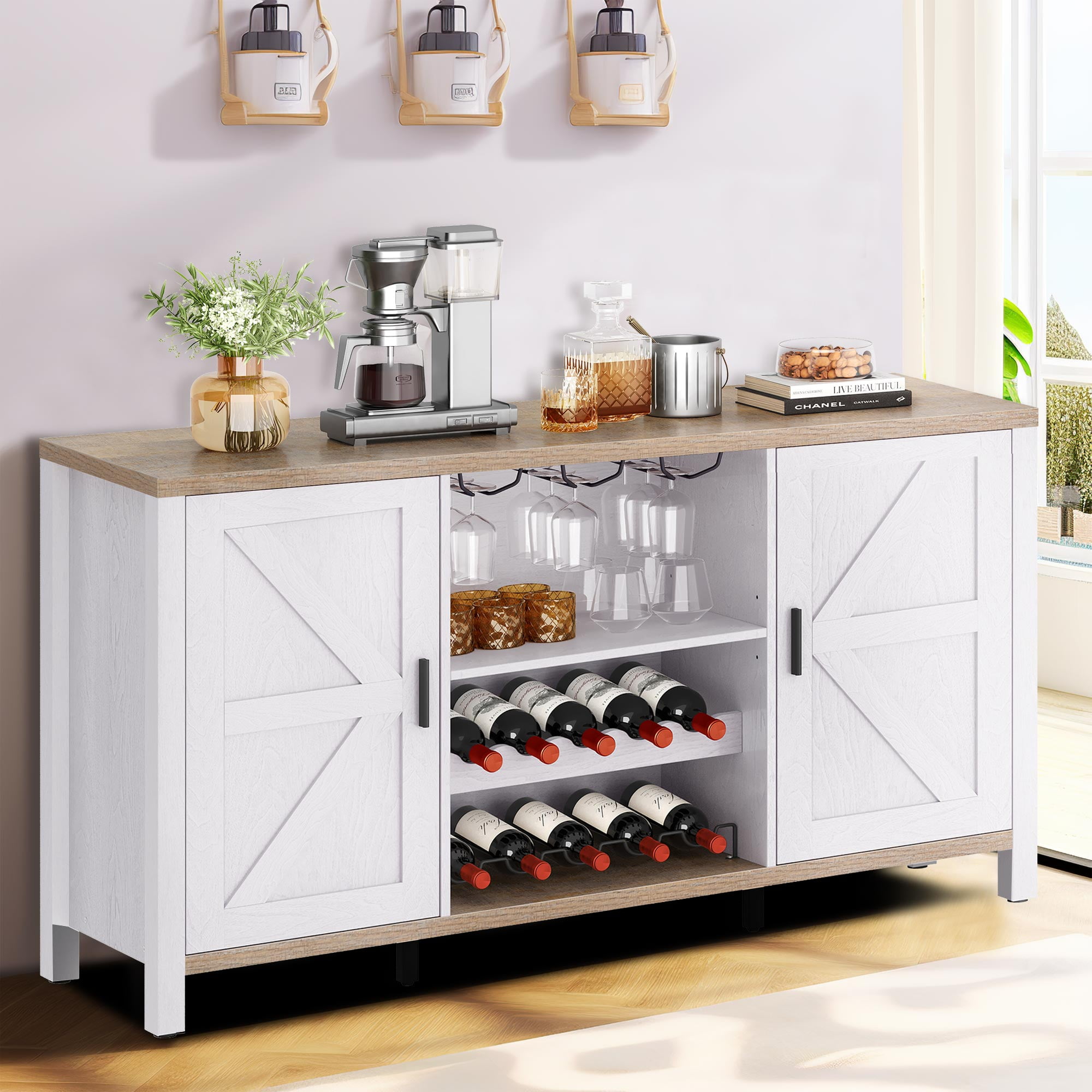 DWVO Farmhouse Bar Cabinet with Glass & Wine Rack, Liquor Sideboard ...
