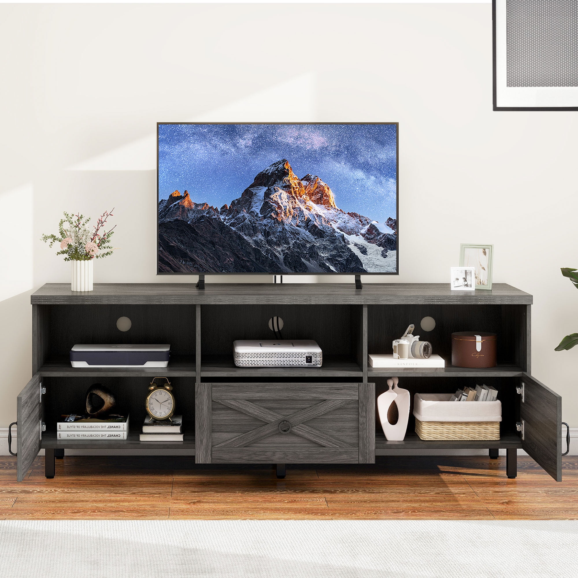 DWVO Farmhouse Boho Wood TV Table Farmhouse Media Console with Storage ...