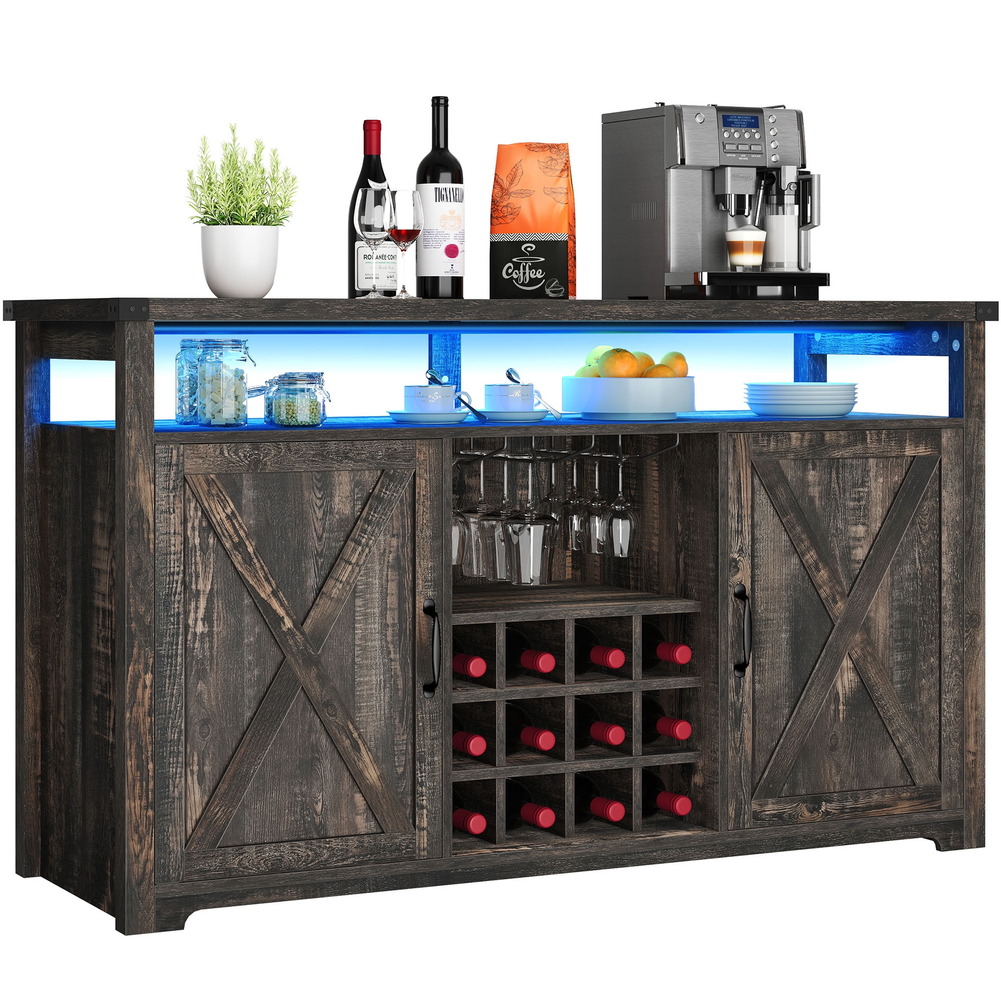 DWVO Farmhouse Coffee Bar Cabinet, 55" Sideboard Buffet Cabinet with ...