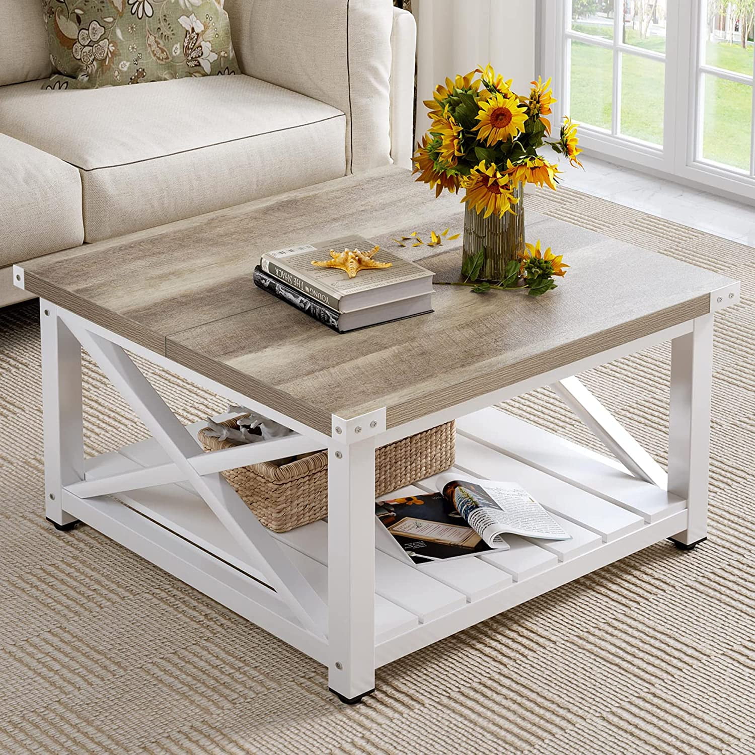 DWVO Farmhouse Coffee Table Square Center Table End Table with Open ...