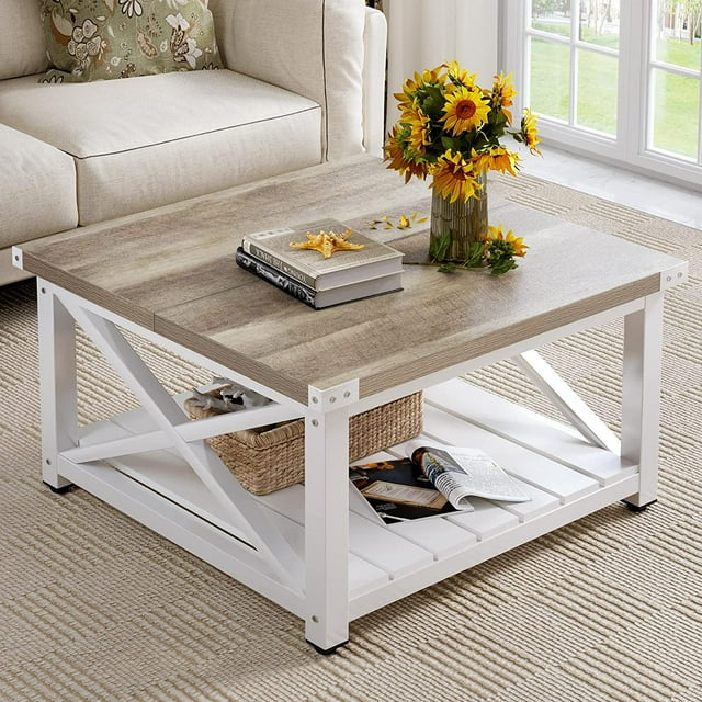 DWVO Farmhouse Coffee Table Square Center Table End Table with Open ...