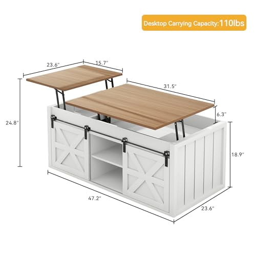 DWVO Farmhouse Coffee Table with Dual Lift-Tops, Sliding Barn Door ...