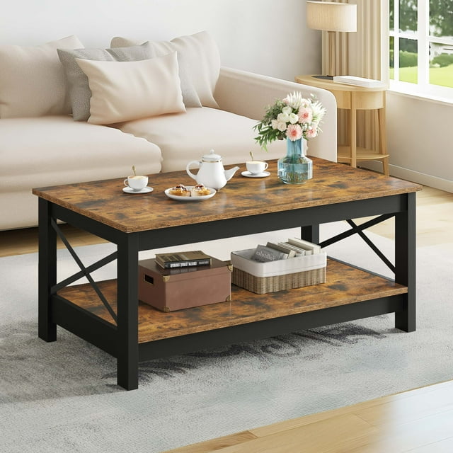 DWVO Farmhouse Coffee Table with Storage Shelf, 2-Tier Cocktail Center Ends Table for Living ...