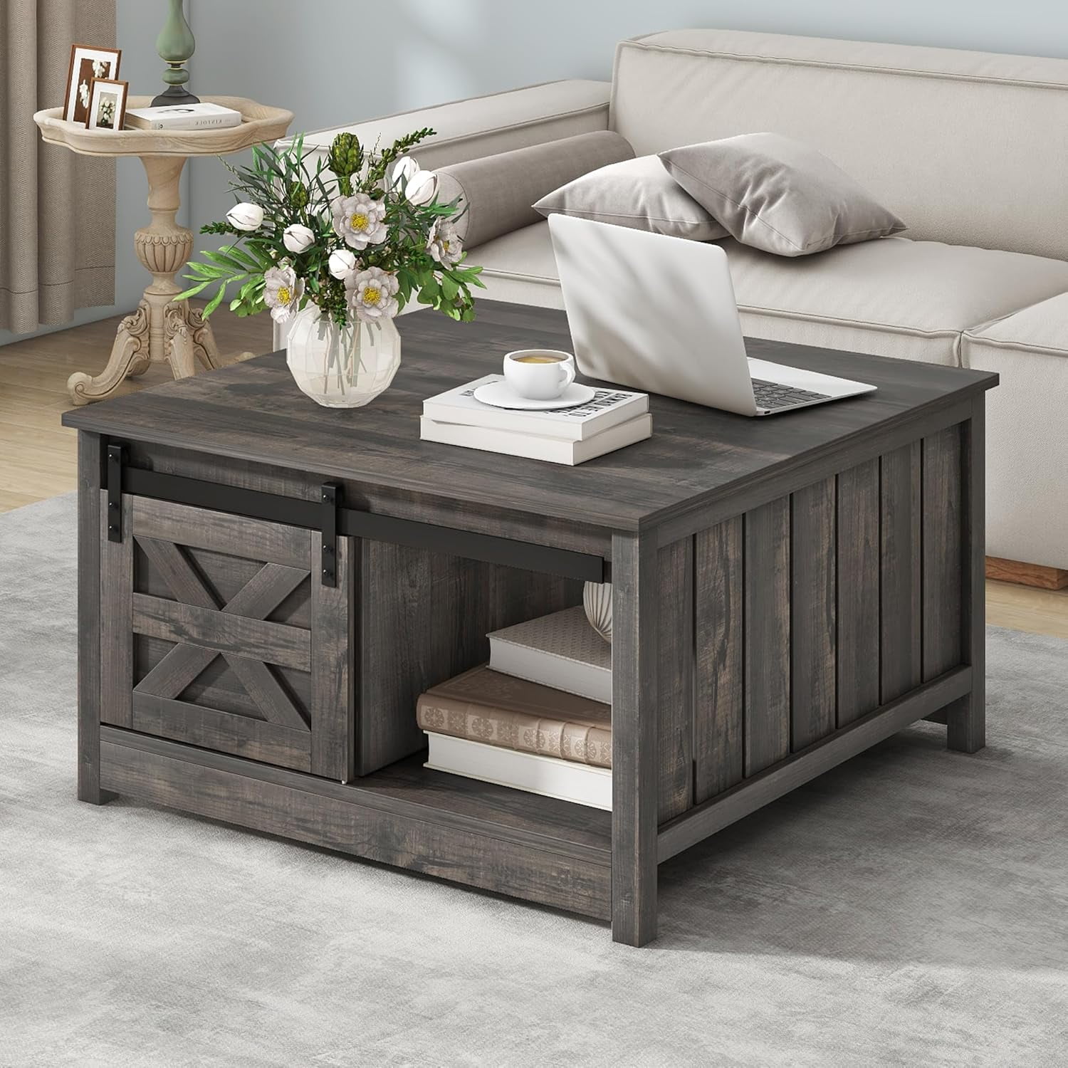 DWVO Farmhouse Coffee Table with Storage: Wooden Square Center Table ...