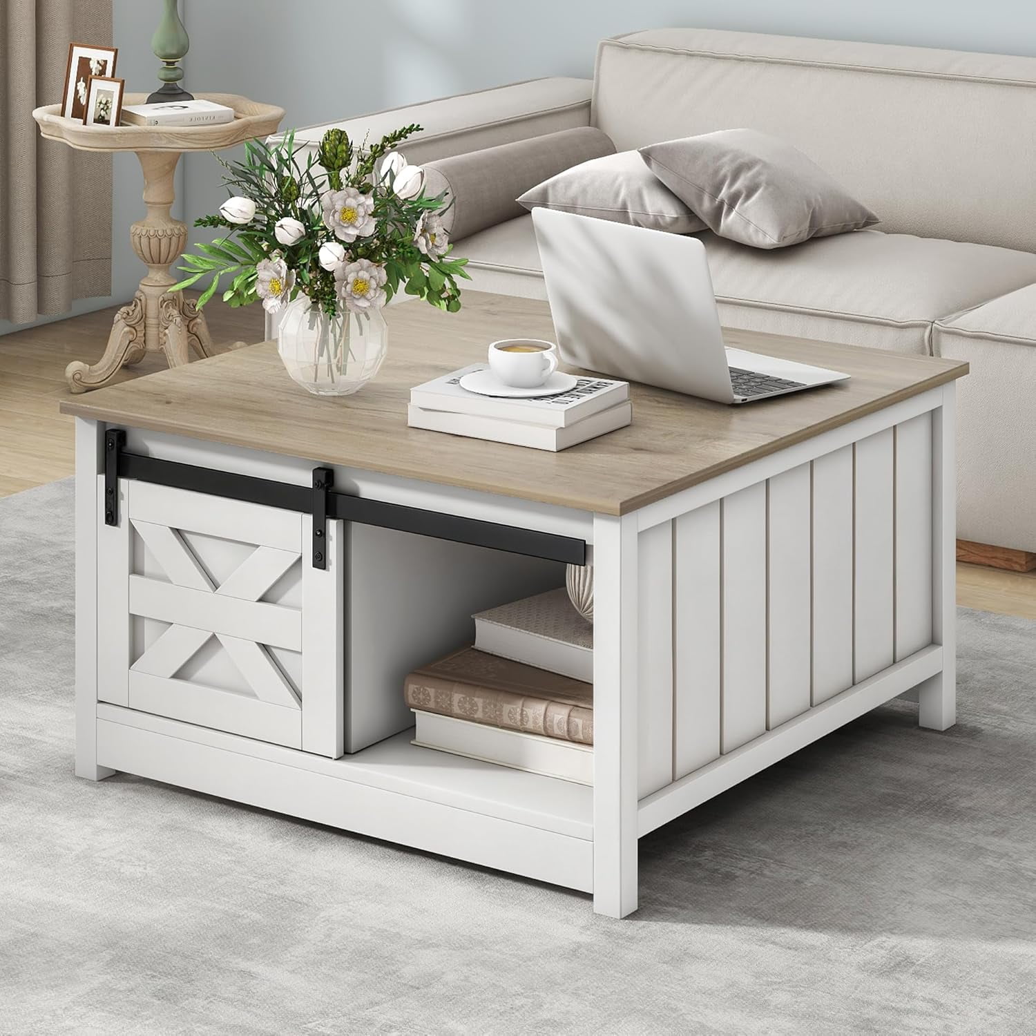 DWVO Farmhouse Coffee Table with Storage: Wooden Square Center Table ...