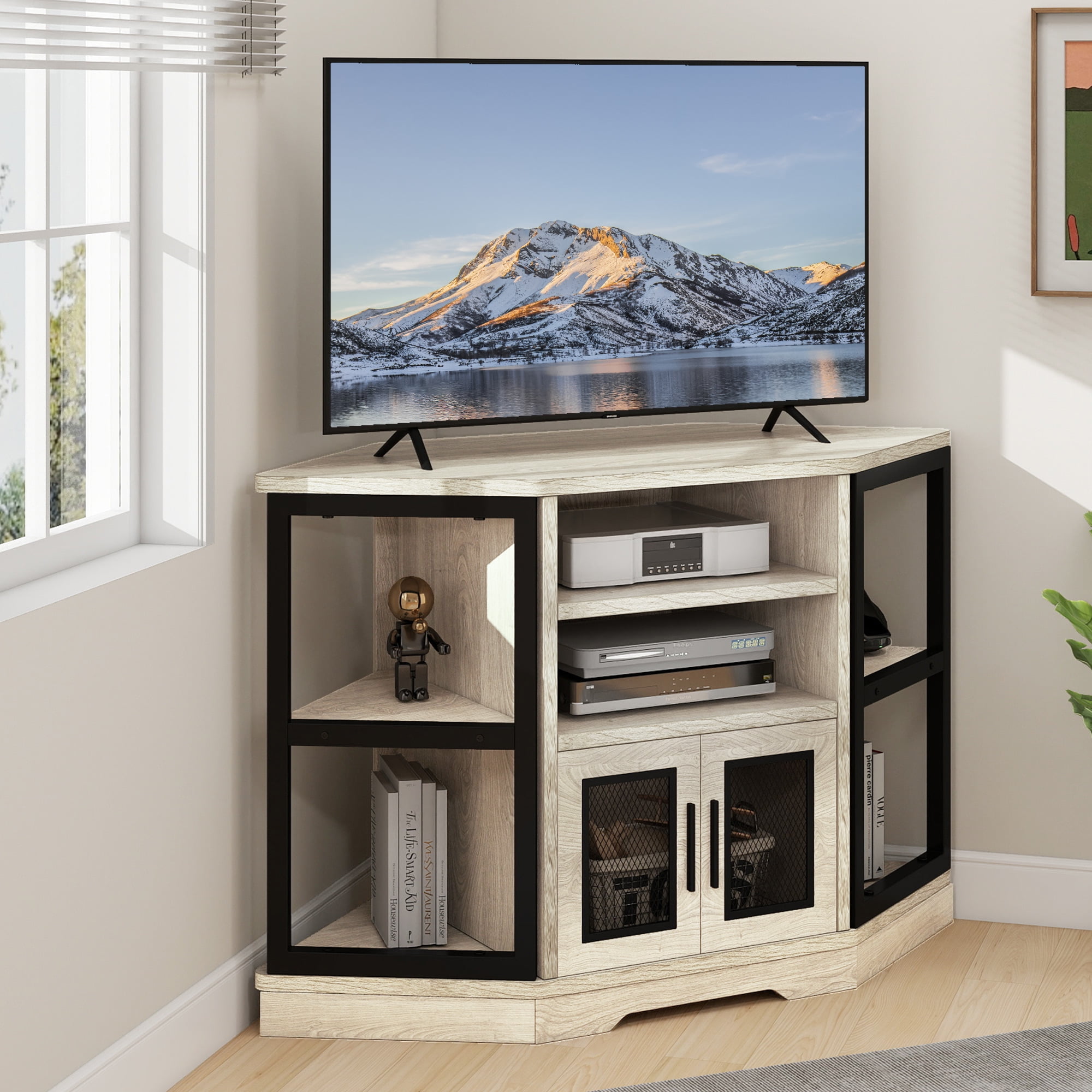 DWVO Farmhouse Corner TV Stand for TVs up to 55 inch with Power Outlet TV Media Console with Storage White Oak
