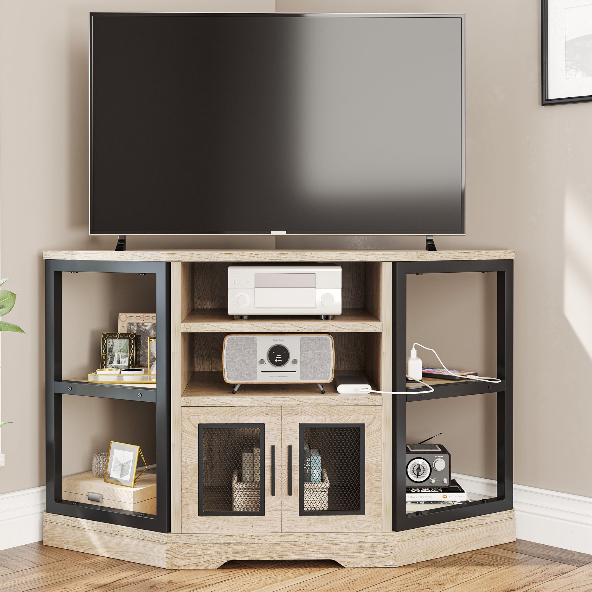 DWVO Farmhouse Corner TV Stand for TVs up to 55 inch with Power Outlet ...